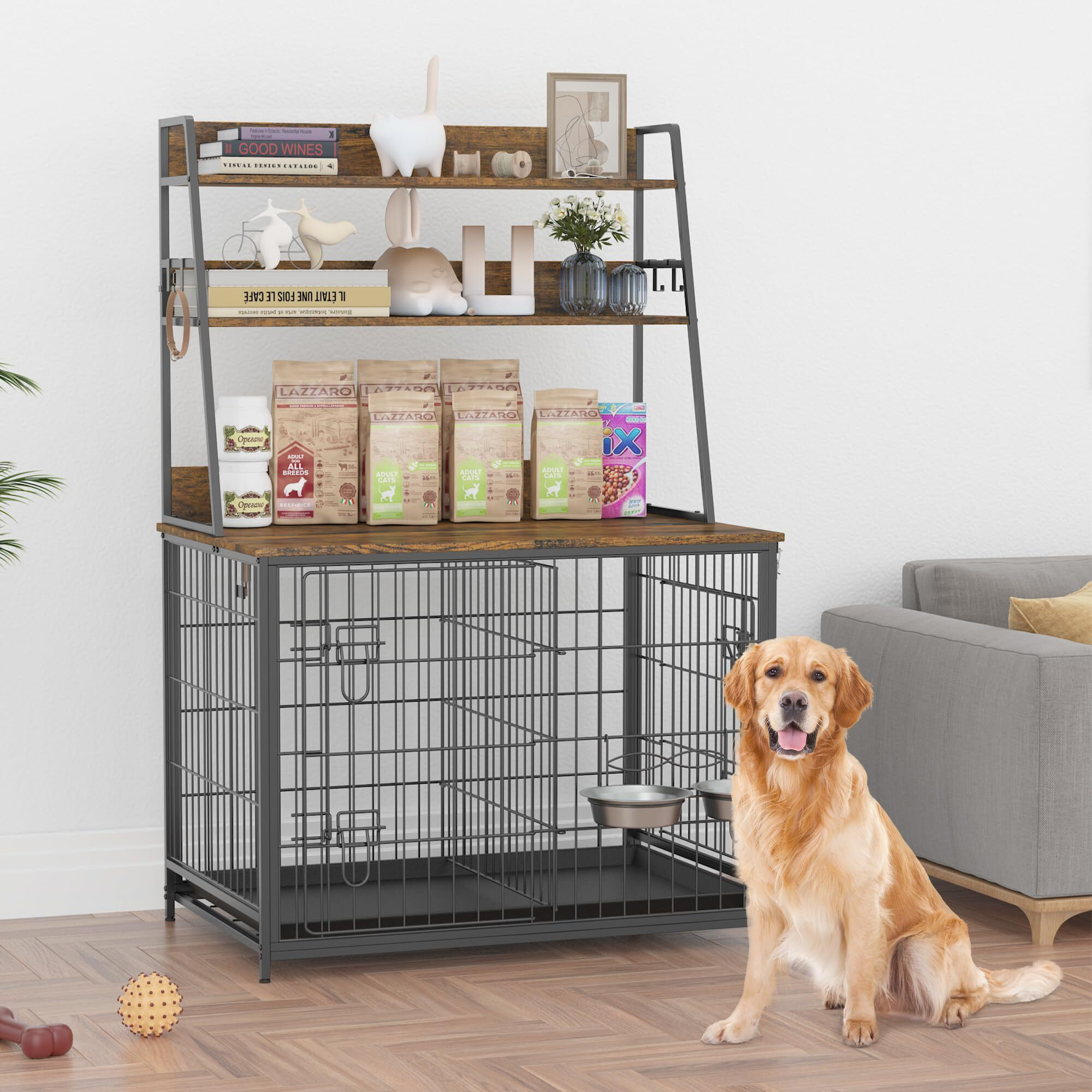 Archie & Oscar™ Dog Crate Furniture With Storage Shelves, Double Doors ...