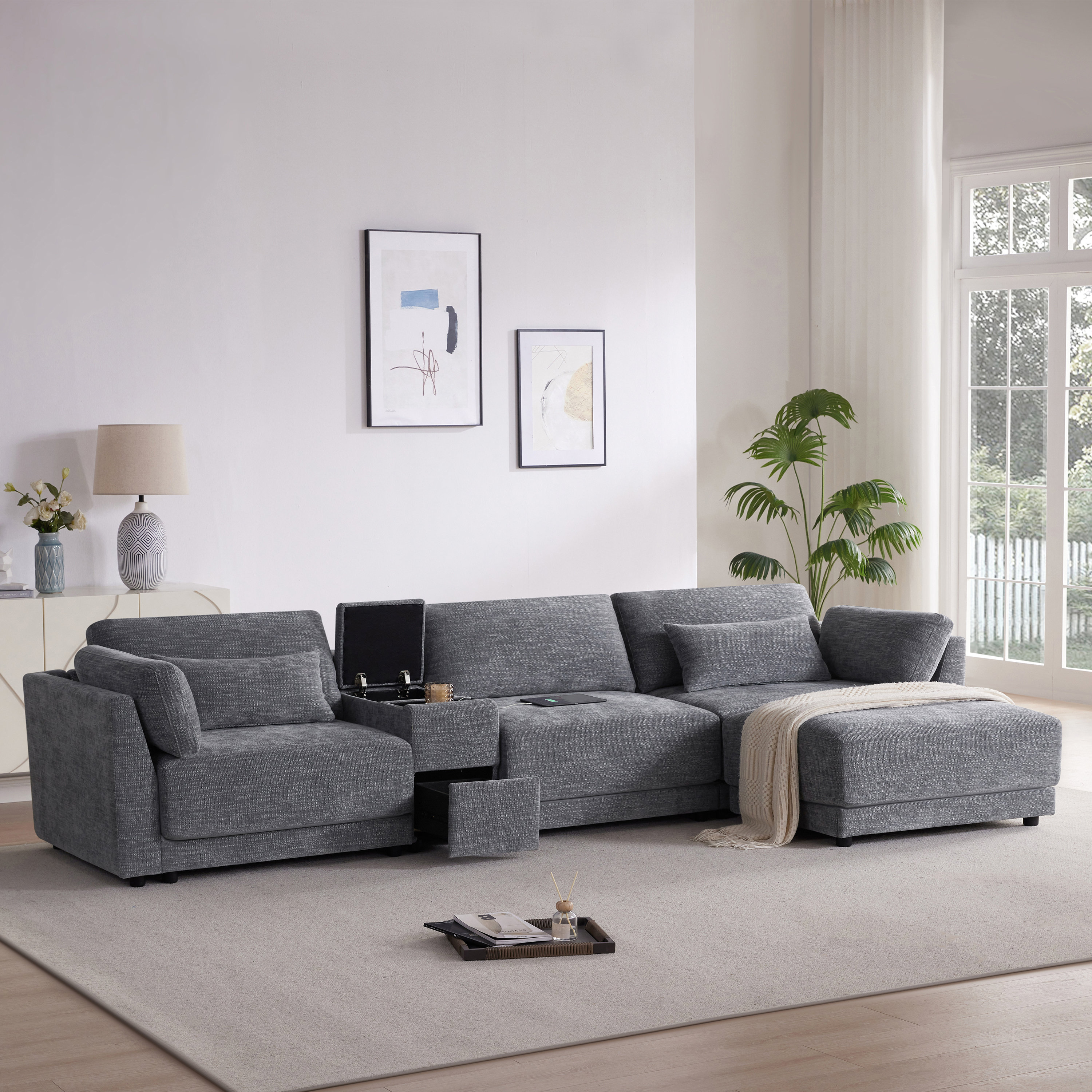 Latitude Run® Modular Chenille Sofa with USB Console, Movable Ottoman ...