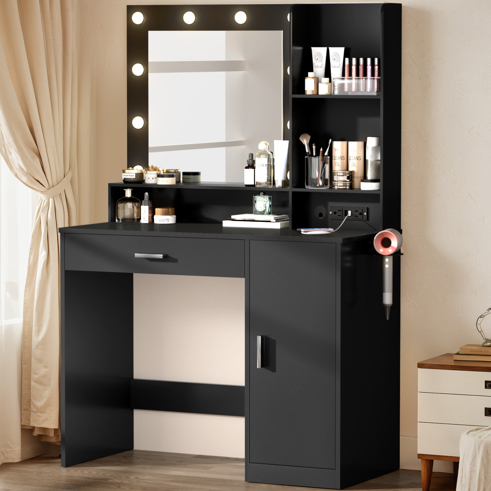 Ebern Designs Oveson Vanity Desk with Lighted Mirror & Power Outlet ...