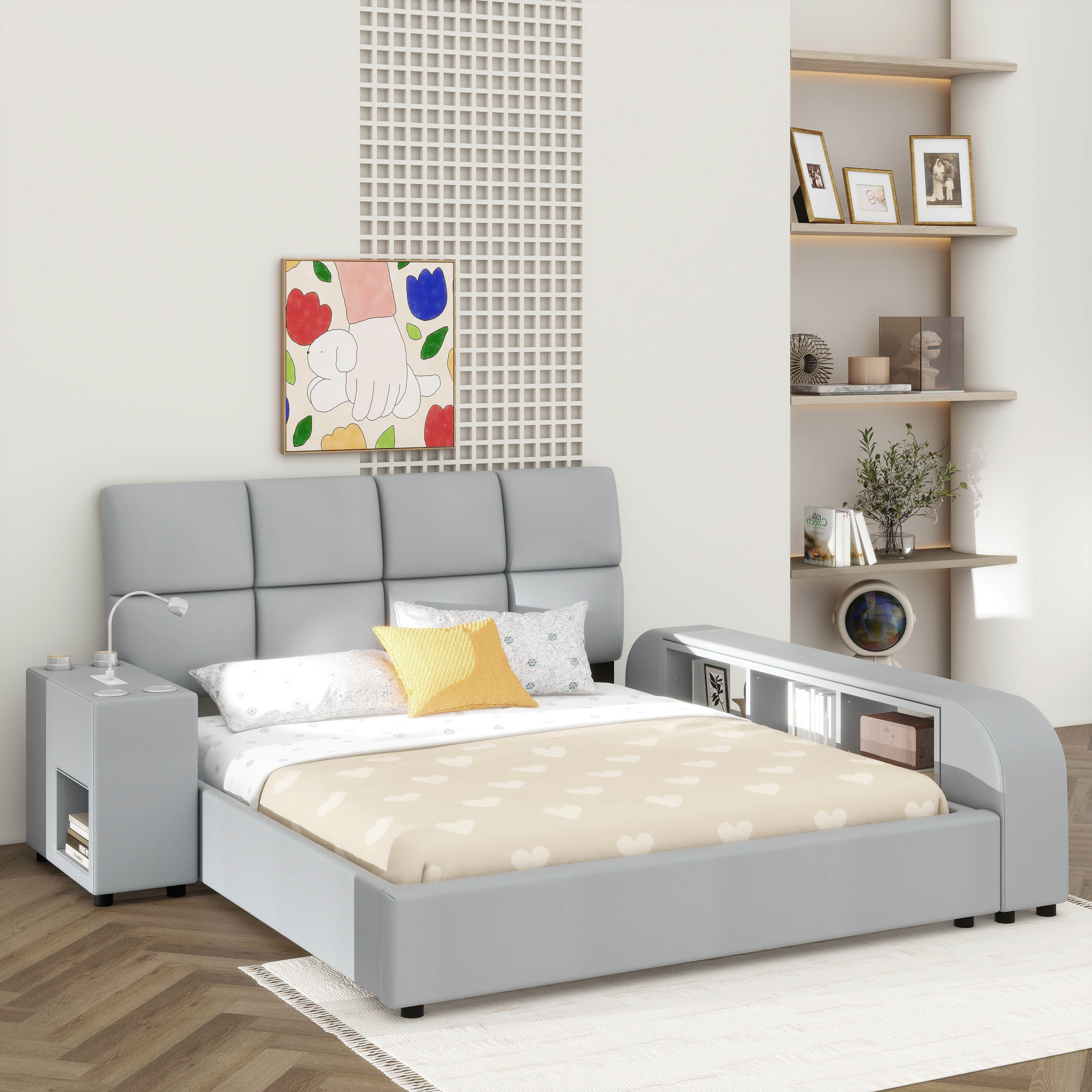 Latitude Run® Elegant Queen Sized Upholstered Platform Bed Versatile Multimedia Nightstand ...