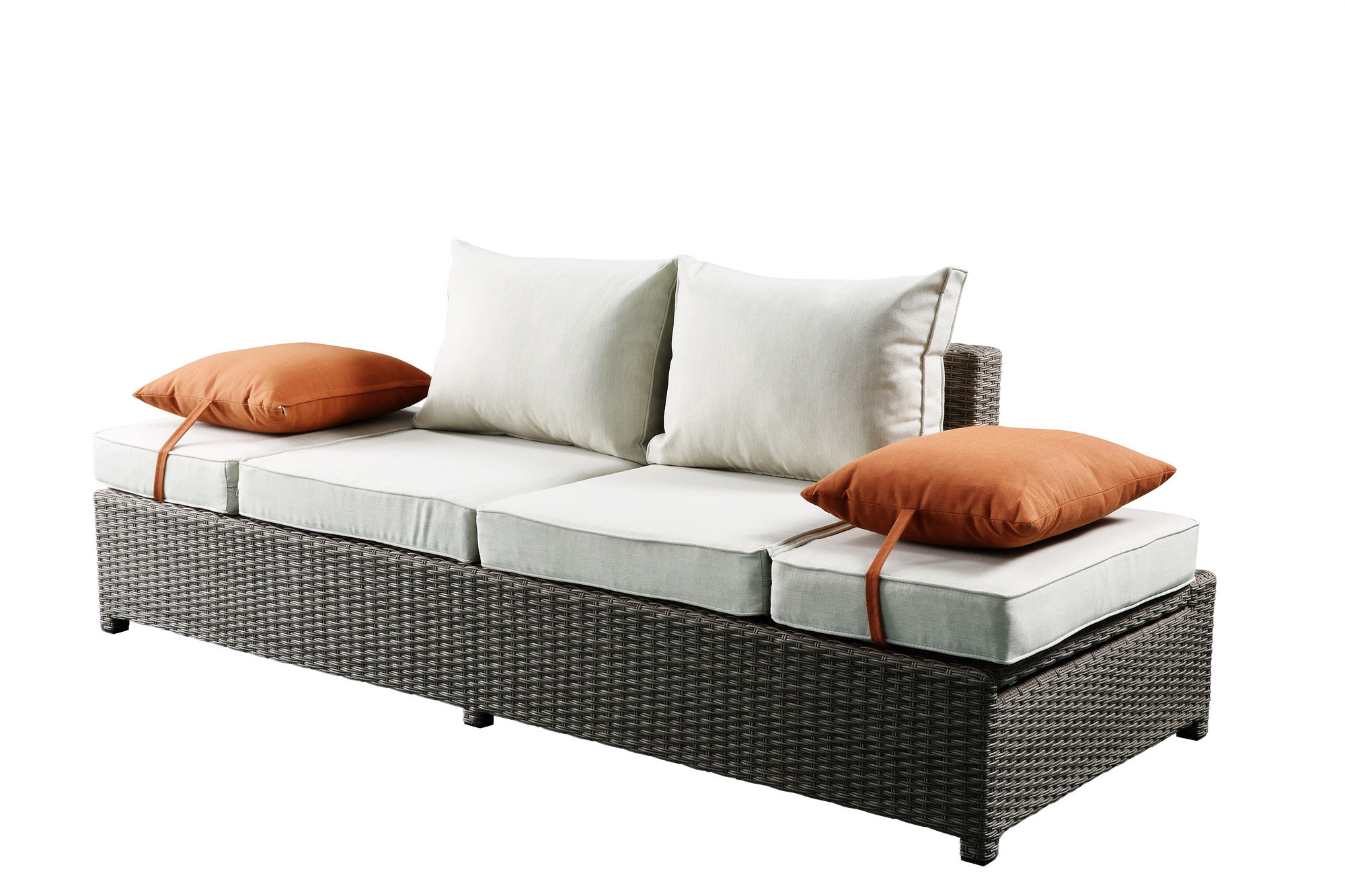 Latitude Run® Salena Beige Fabric & All-Weather Wicker Patio Sofa & Ottoman With 2 Toss Pillows ...