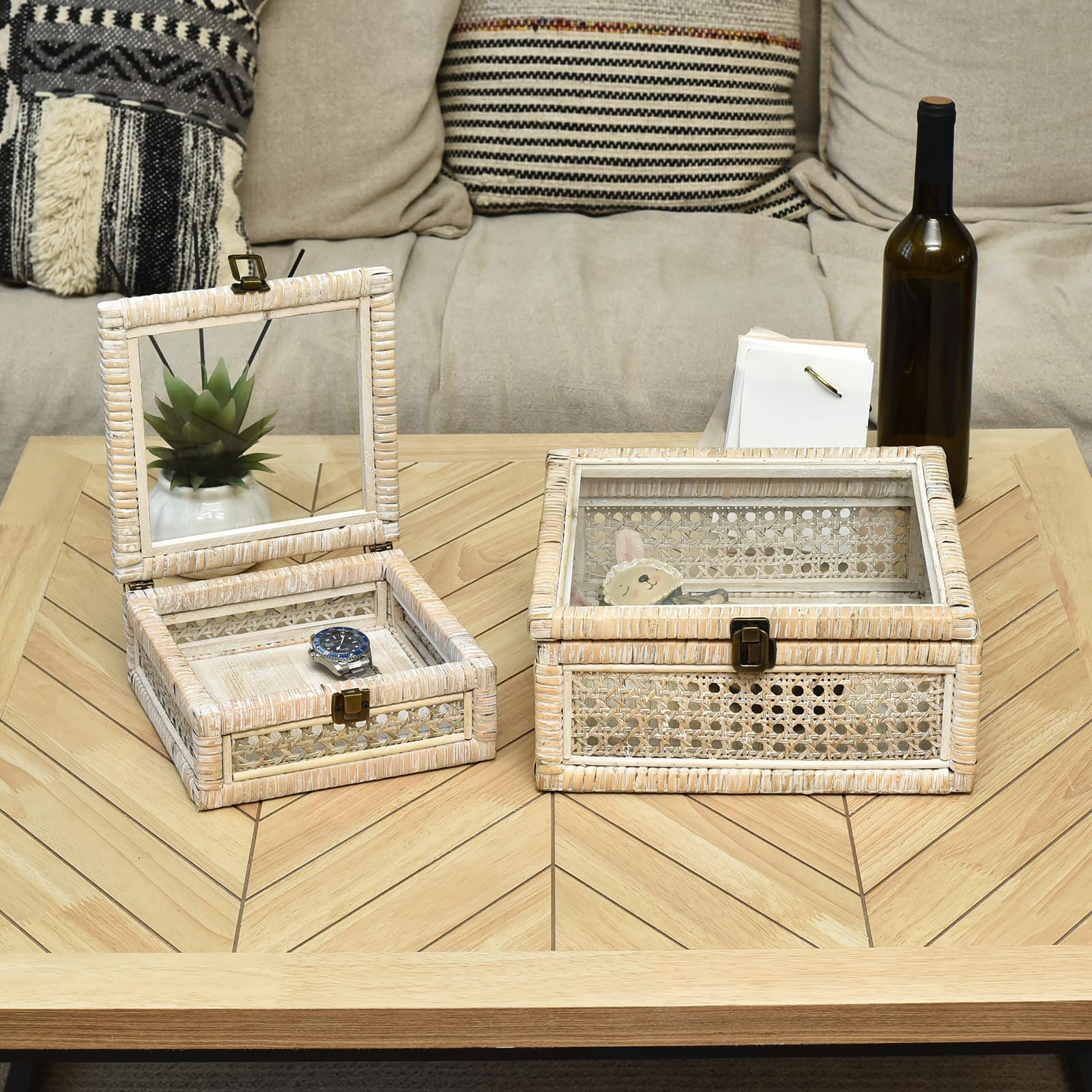 Bayou Breeze Set Of 2 Stacking Rattan Boxes With Glass Lids For Boho ...