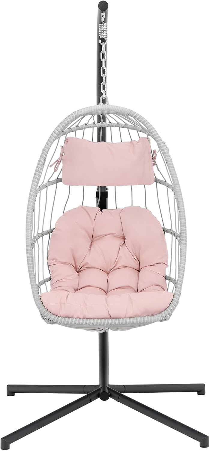 Dakota Fields Egg Hanging Chair with Stand, Patio Wicker Pink Swing ...