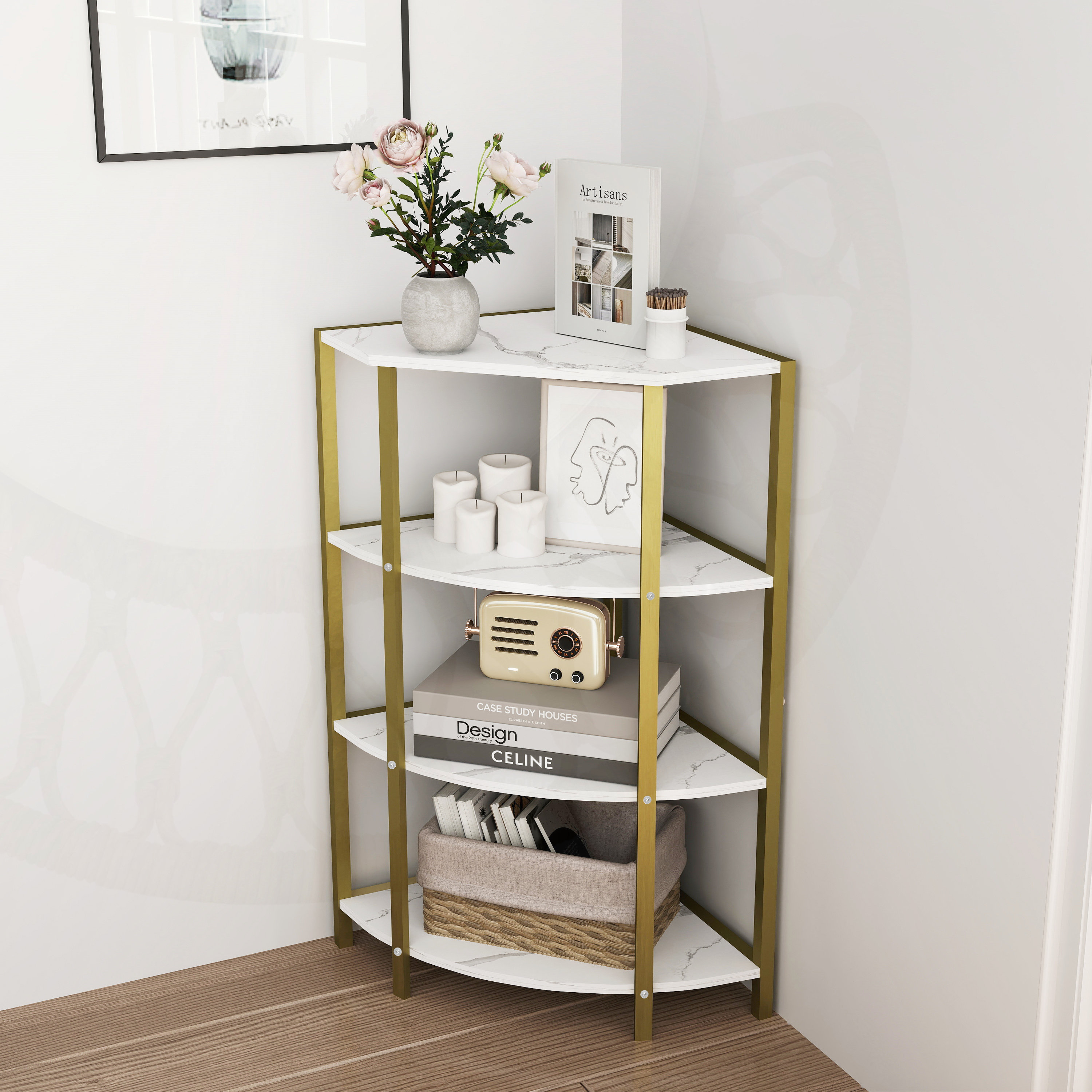 FOSHNATURE 4-Tier Corner Open Shelf, Freestanding Shelving Unit for ...