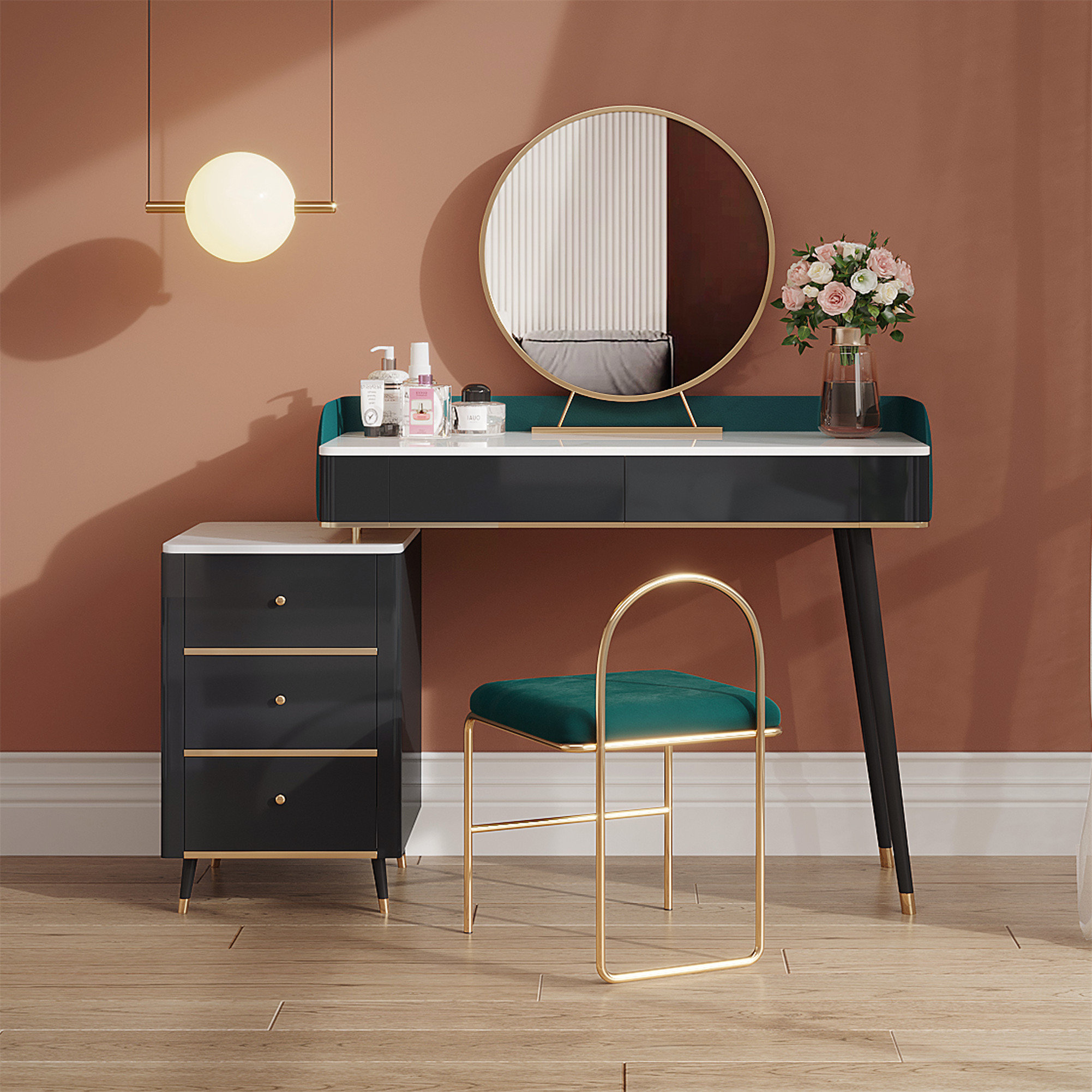 Mercer41 Mid-Century Dressing Table Set With Mirror And Solid Stool ...
