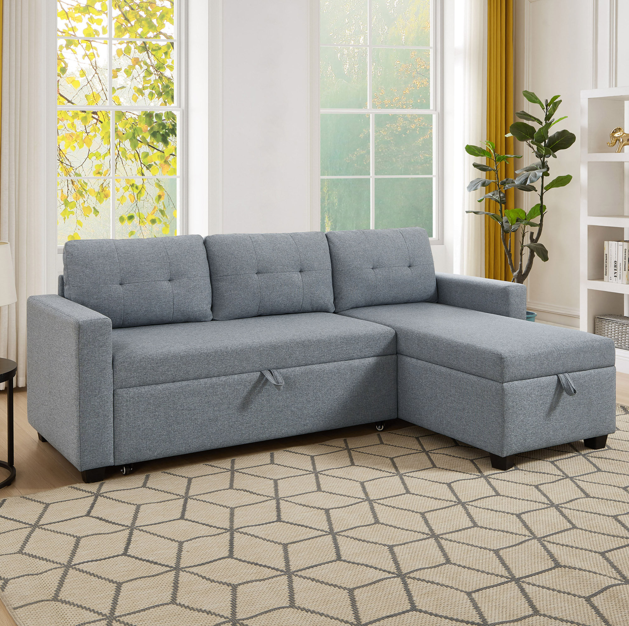Ebern Designs Upholstered Pull Out Sectional Sofa With Storage Chaise ...