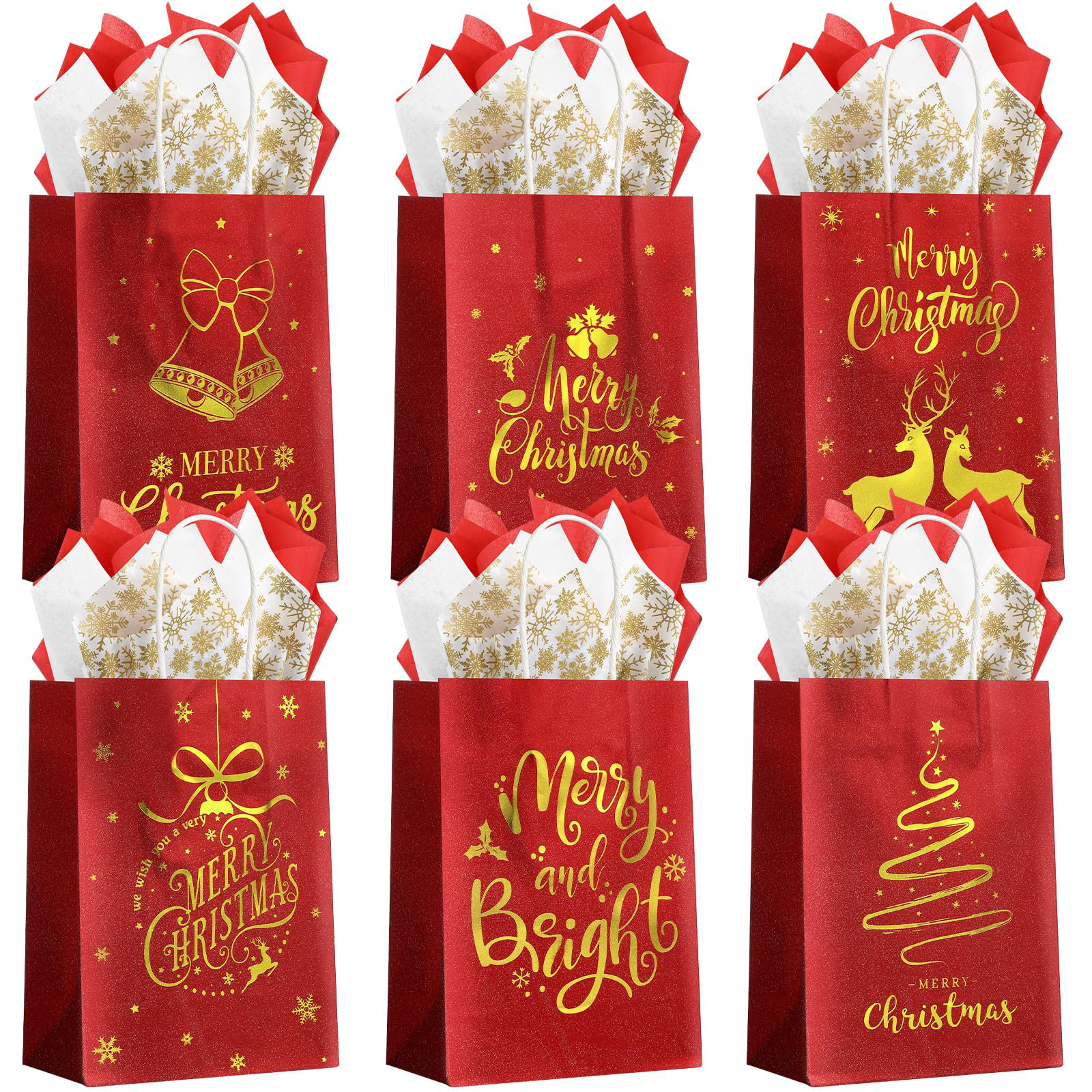 COEN Christmas Gift Bags – Red Glitter Goodie Bags with Tissue Paper ...