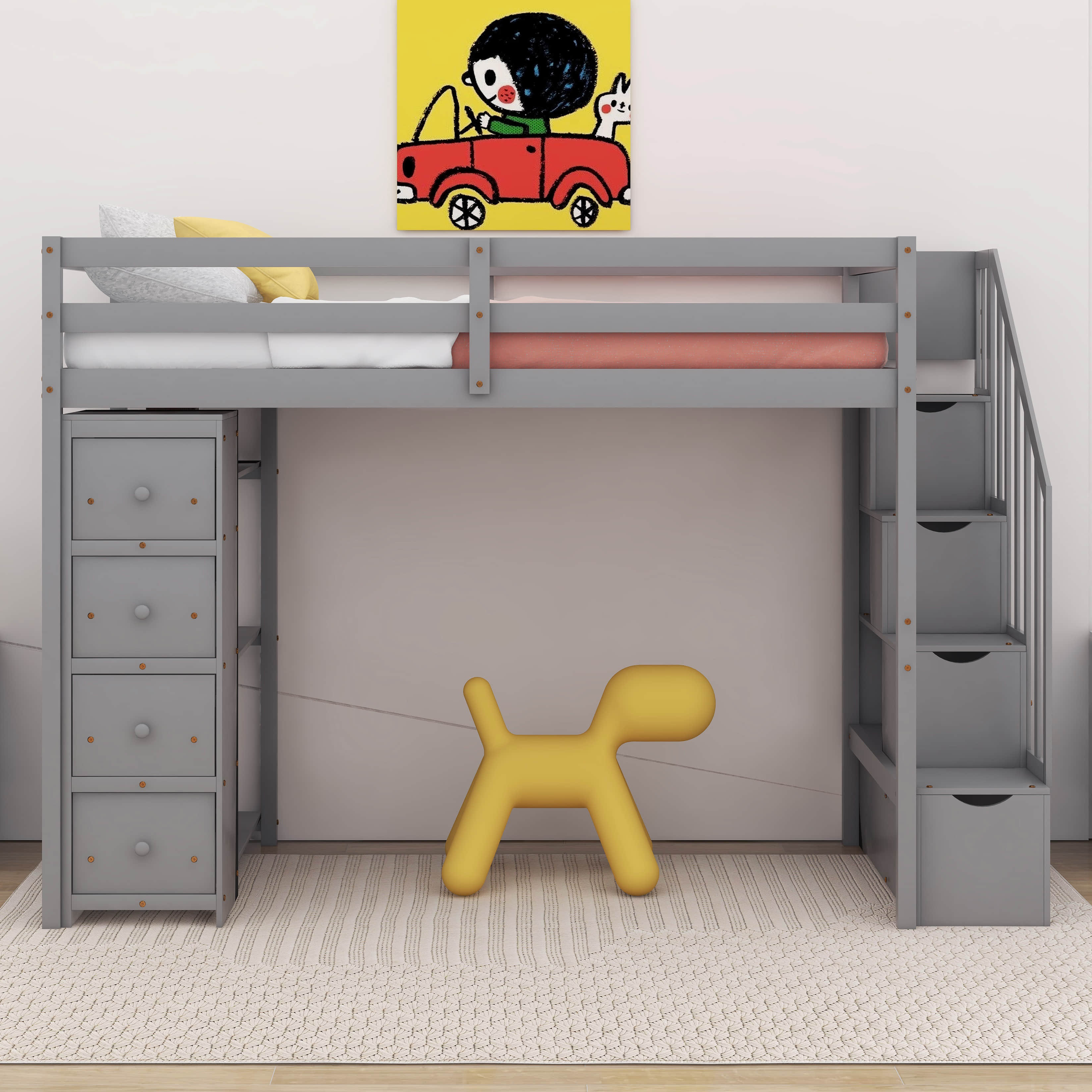 Harriet Bee Kabes Twin Size Wooden Loft Bed With Drawers | Wayfair