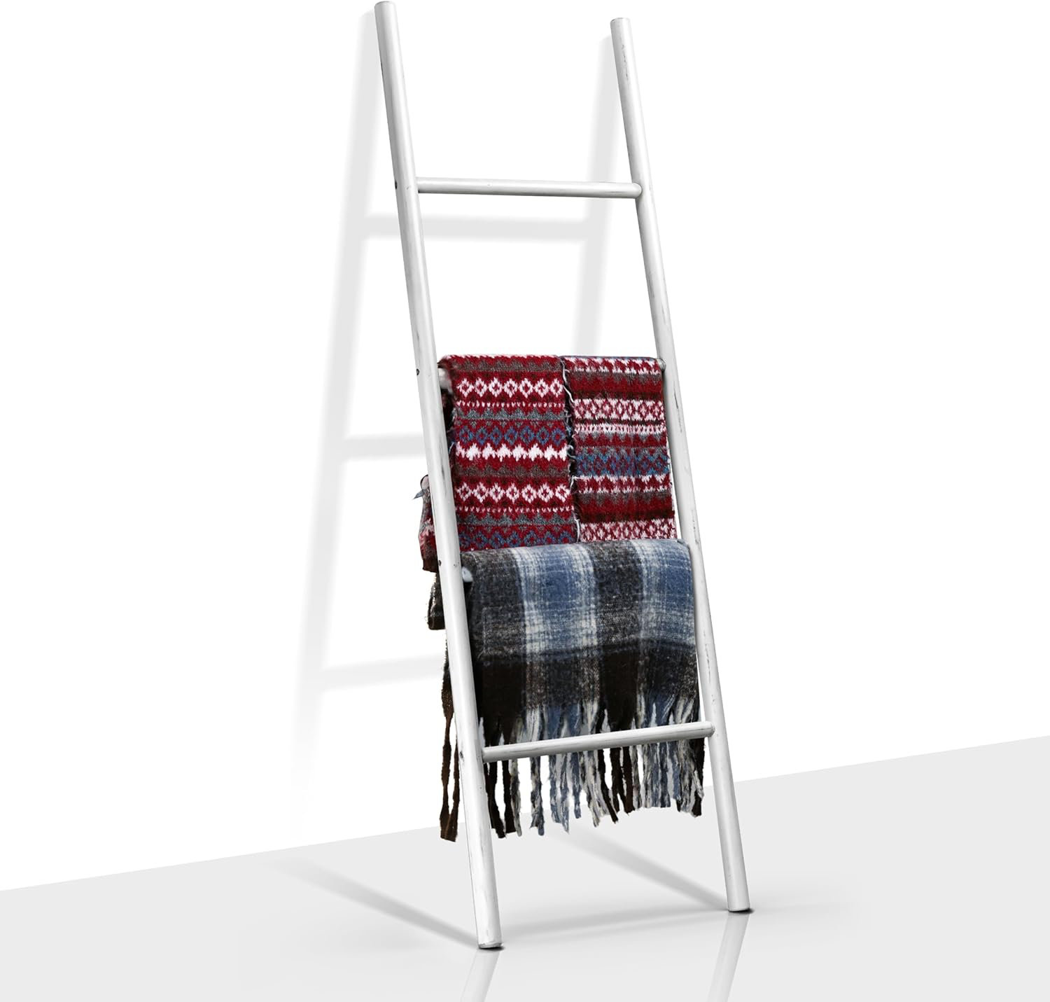 Latitude Run® Wood Blanket Ladder With 4-Tier Storage, Rustic Wall ...