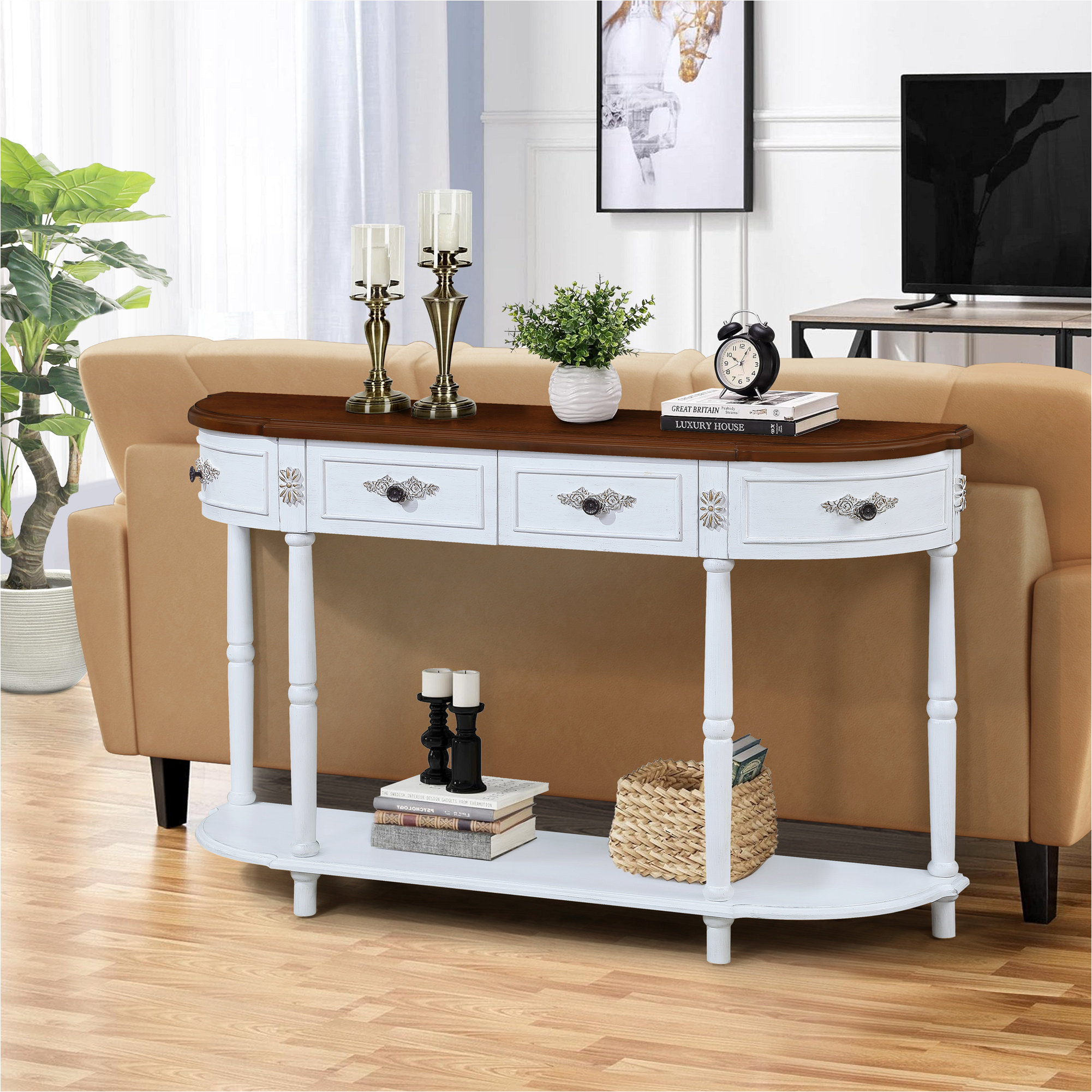 Canora Grey Retro Curved Wood Console Table, 52 Inch Circular Half Moon ...