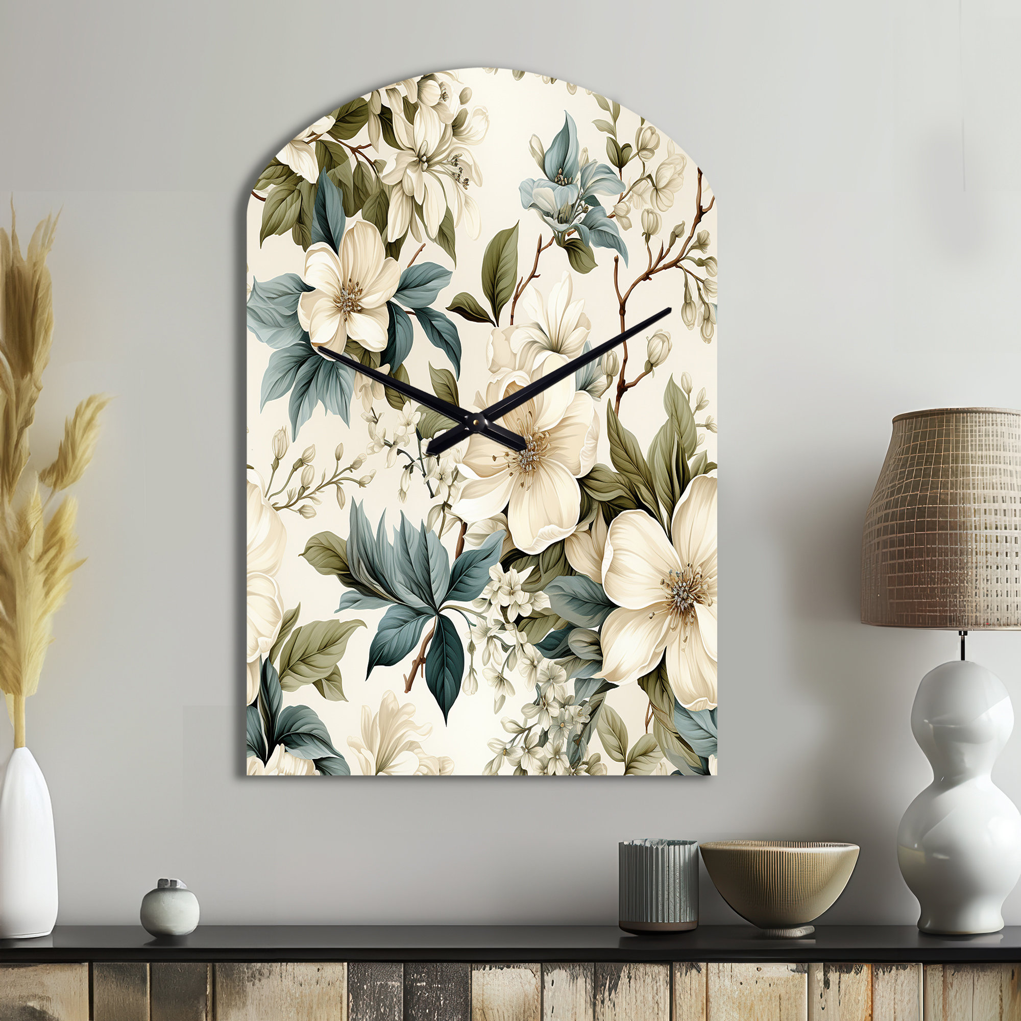 Design Art Vintage Flora - Plants Asymmetrical Metal Wall Clock, White ...