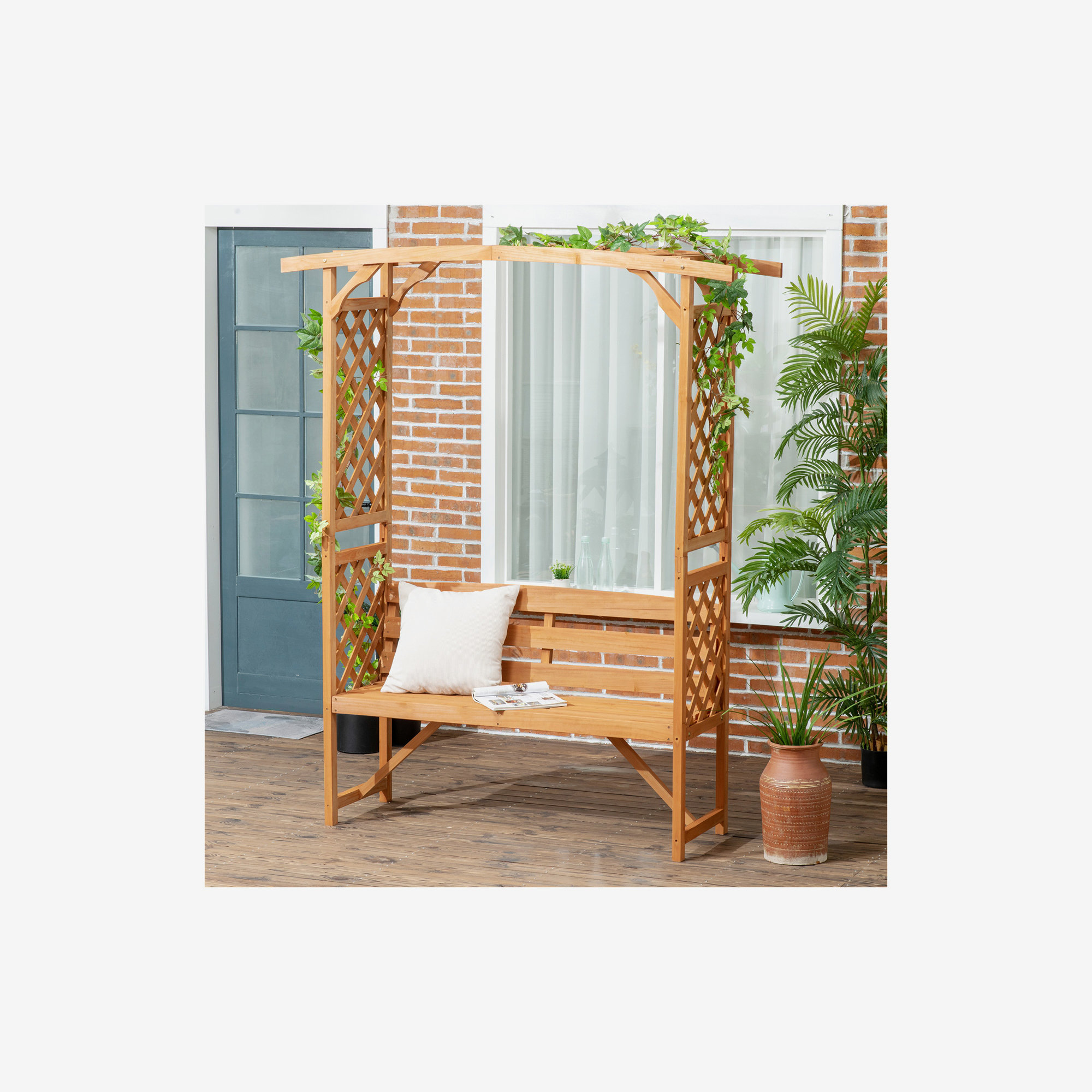 ROKAWO Outsunny Patio Garden Bench Arbor Arch with Pergola and 2 ...