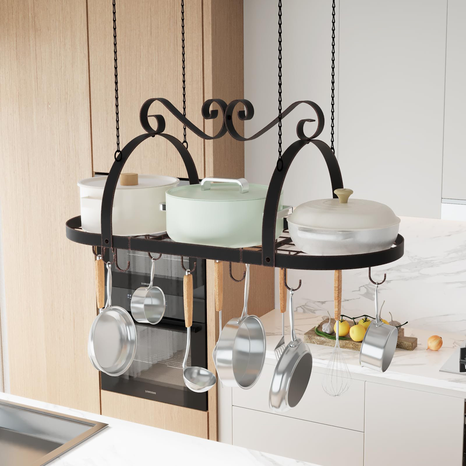 Lark Manor™ Metal Ceiling Mount Hanging Pot Rack With 15 Hooks | Wayfair