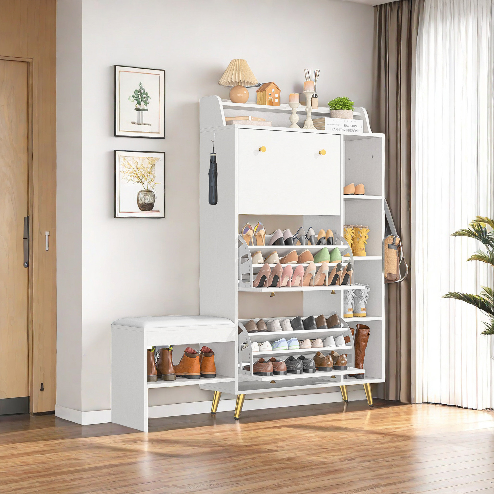 Everly Quinn All-In-One Shoe Storage Cabinet And Shoe-Changing Bench ...