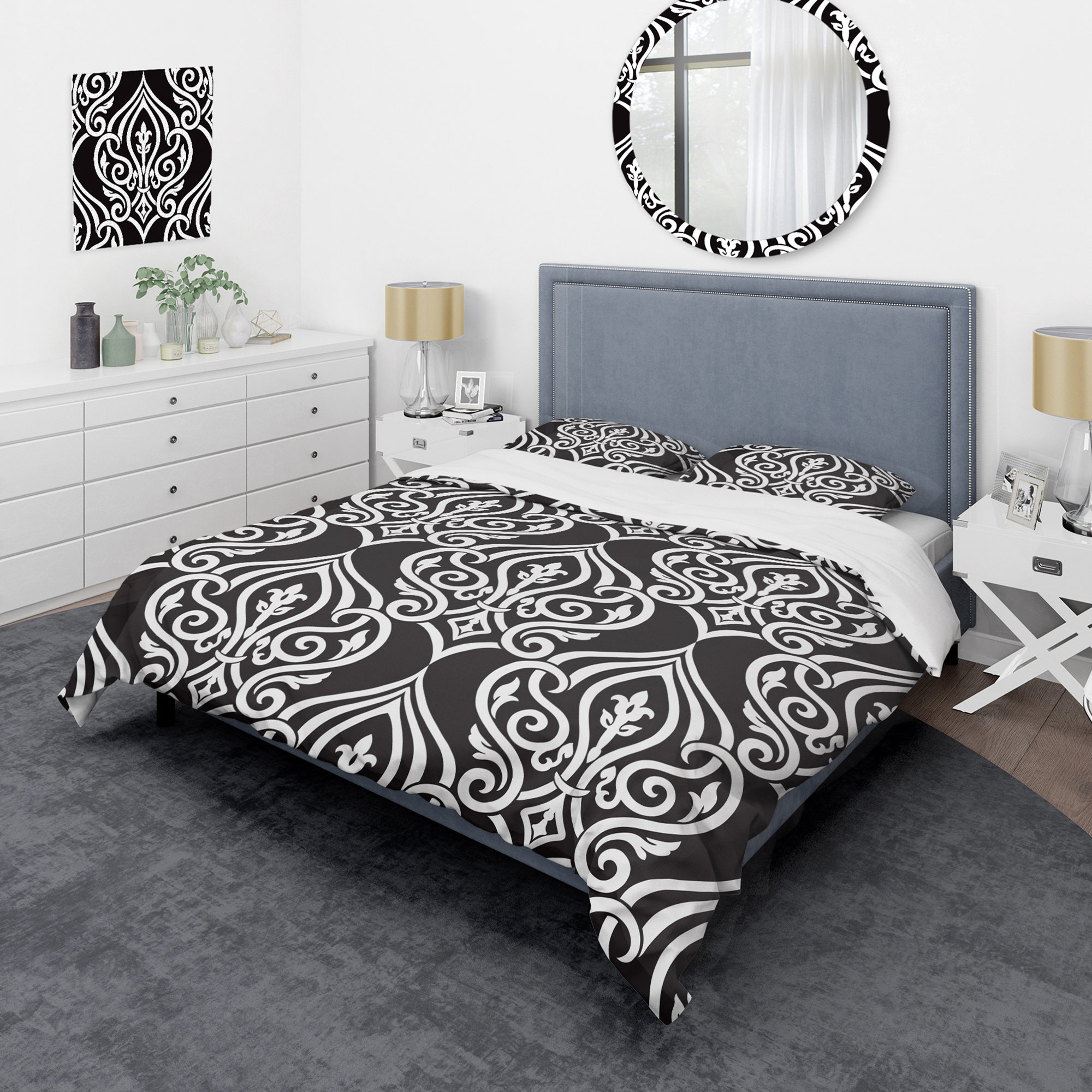 Design Art Black And White Damask - Patterned Duvet Cover Set - Wayfair ...