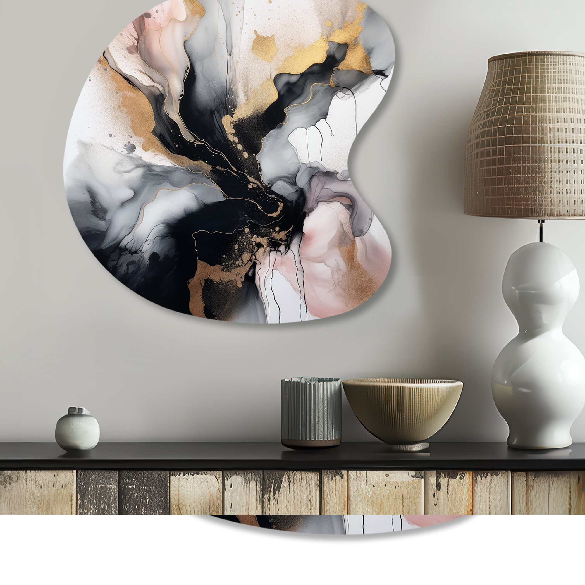 Design Art Pink Black Textured Splash Marble II - Abstract Marble Drop Shape Irregular Metal ...