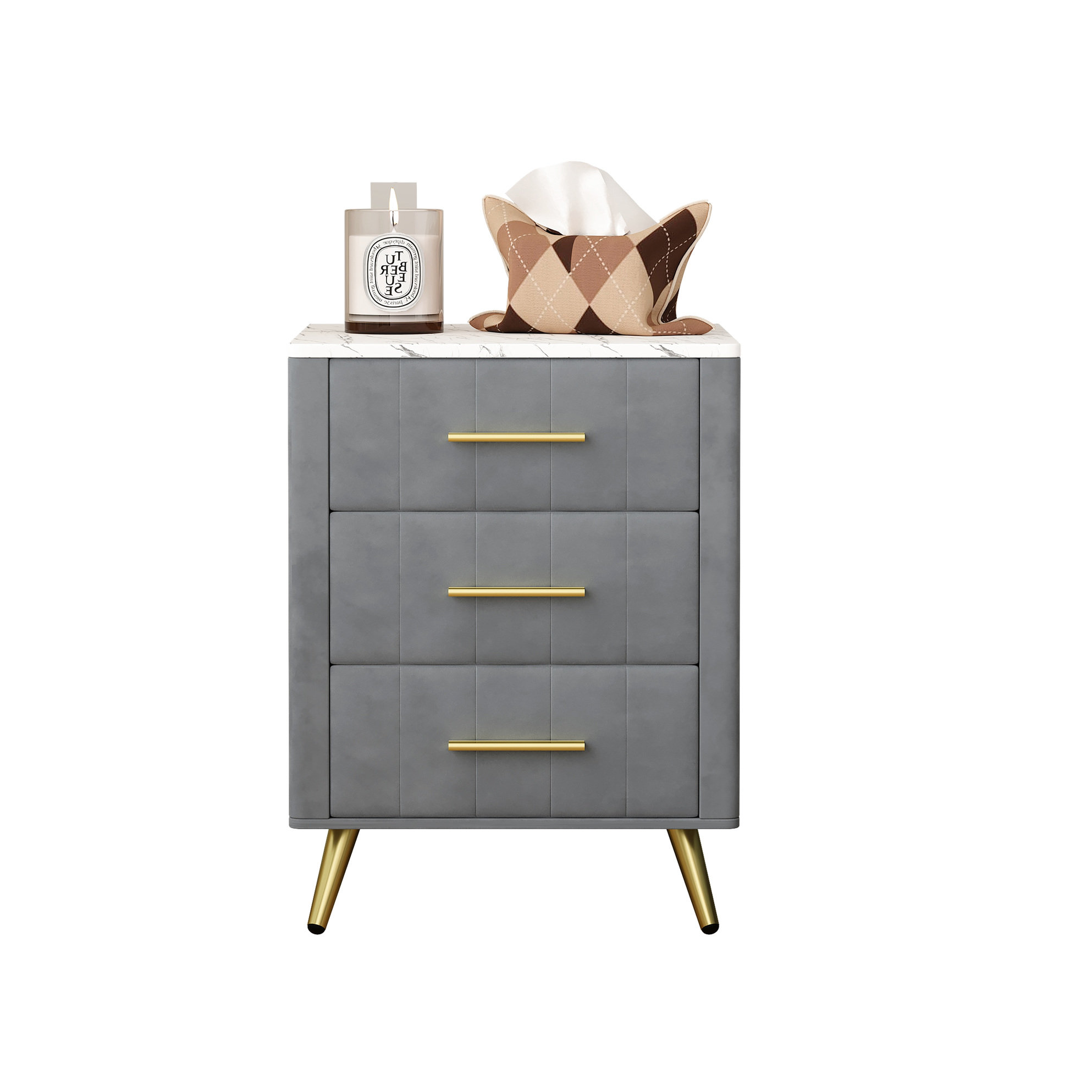 Mercer41 Grey Upholstered Nightstand With 3 Drawers, Metal Legs ...