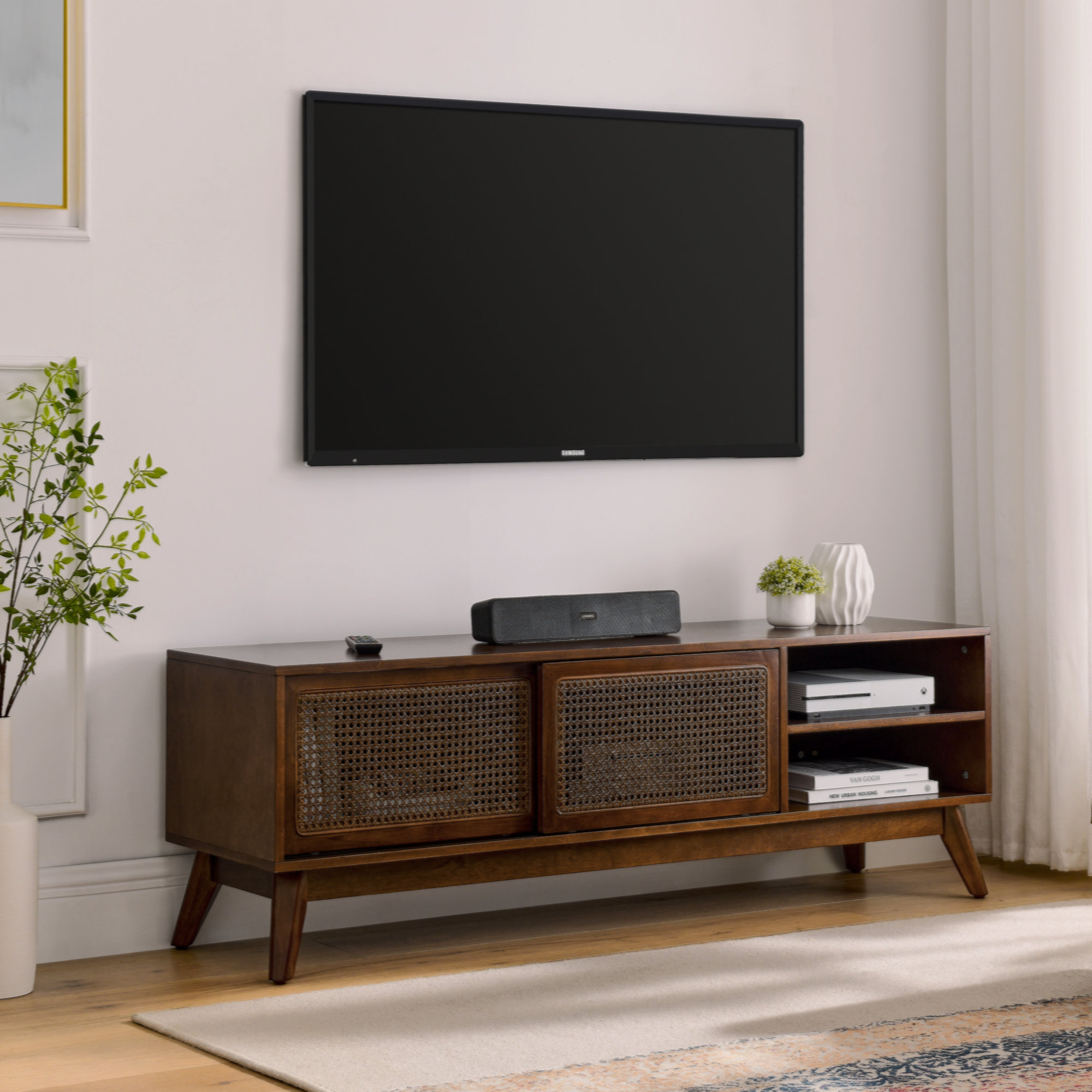 George Oliver Mid Century Modern Rattan TV Stand For 65 Inch TV ...