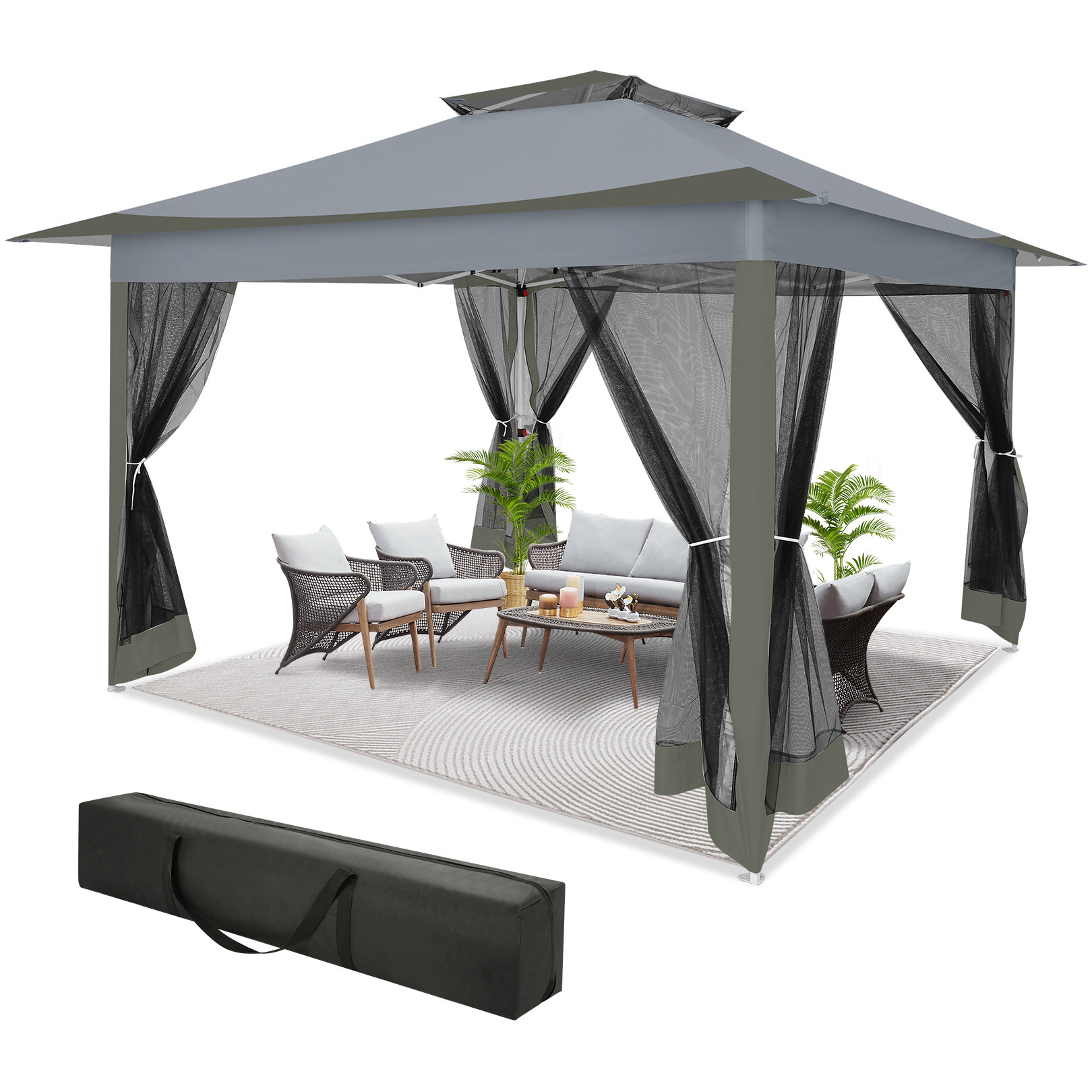 HOTEEL 12x12 Gazebo Outdoor Pop-up Canopy with Mosquito Netting 2-Tiered Vented Top 3 Adjustable ...