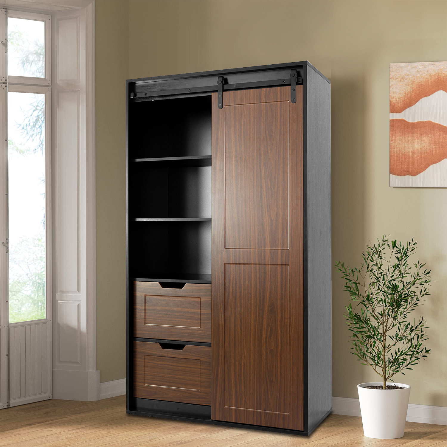Gracie Oaks Modern Style Vertical Storage Cabinet With A Slide Barndoor ...