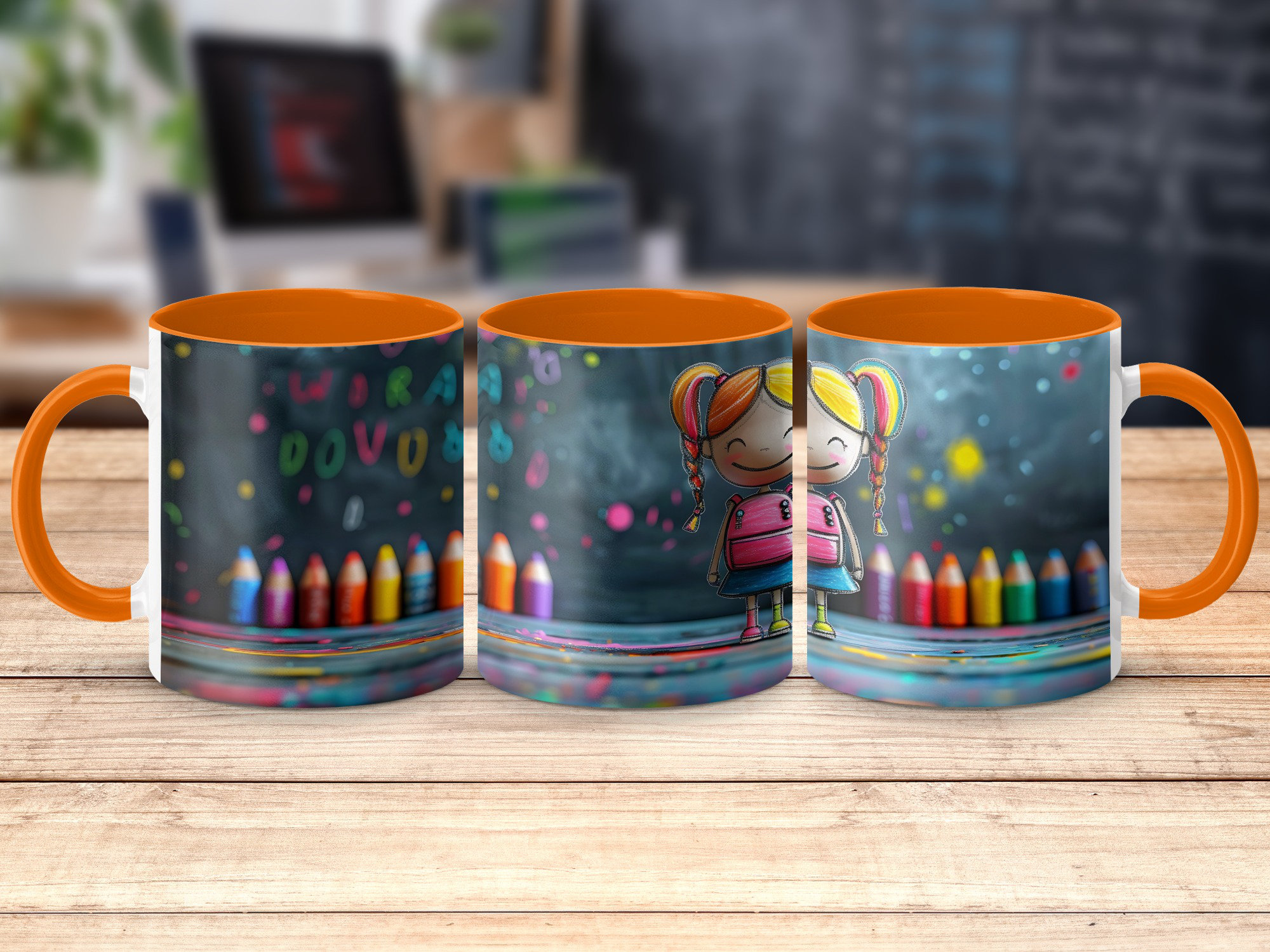 East Urban Home Set of 3 Kids Drawing Style 11oz Accent Mugs – White ...