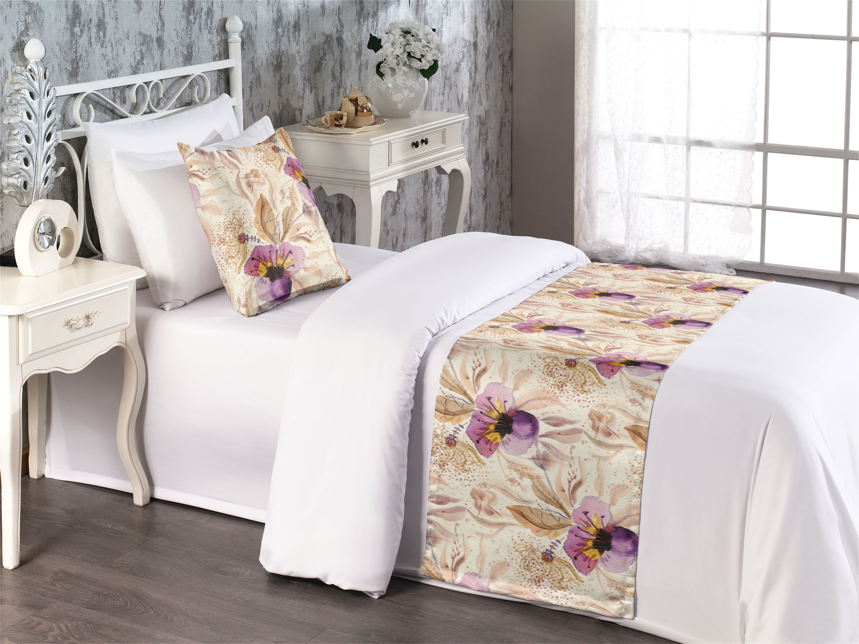 Ambesonne Floral Design Bed Runner Set Bloom Vintage Neutral Eggplant ...