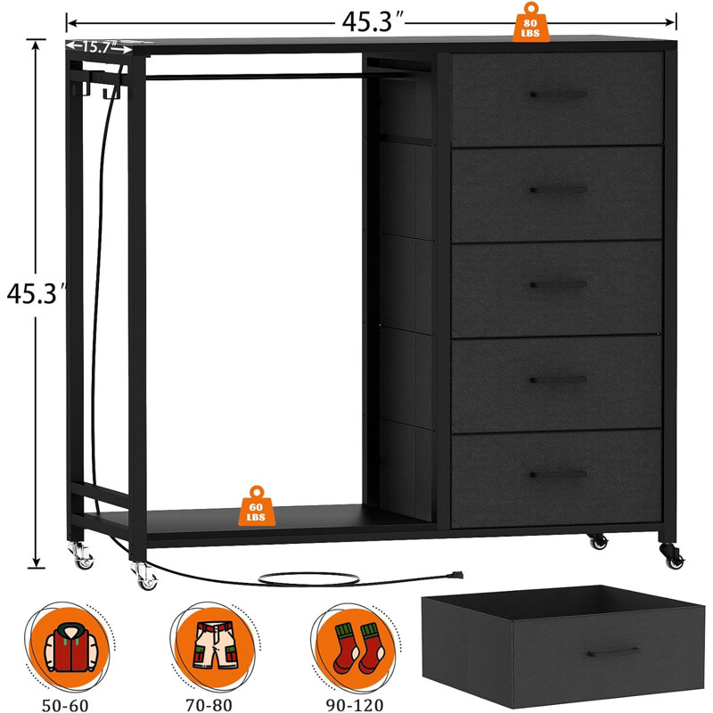 Wrought Studio™ Jeremyiah 45.2'' 5 Drawer Dresser Organizer with LED ...