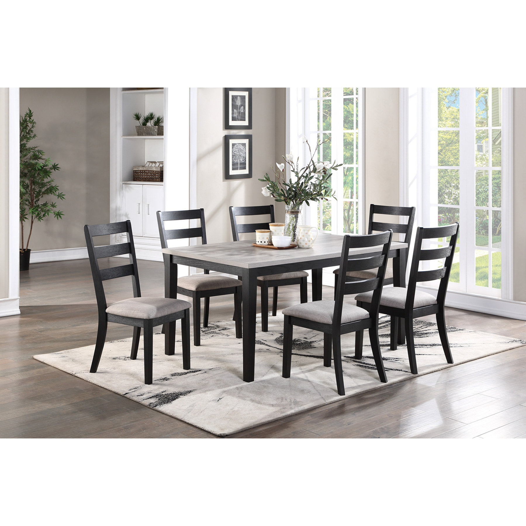 Lark Manor™ Rustic Charcoal Wooden Table 7pc Dining Set | Wayfair