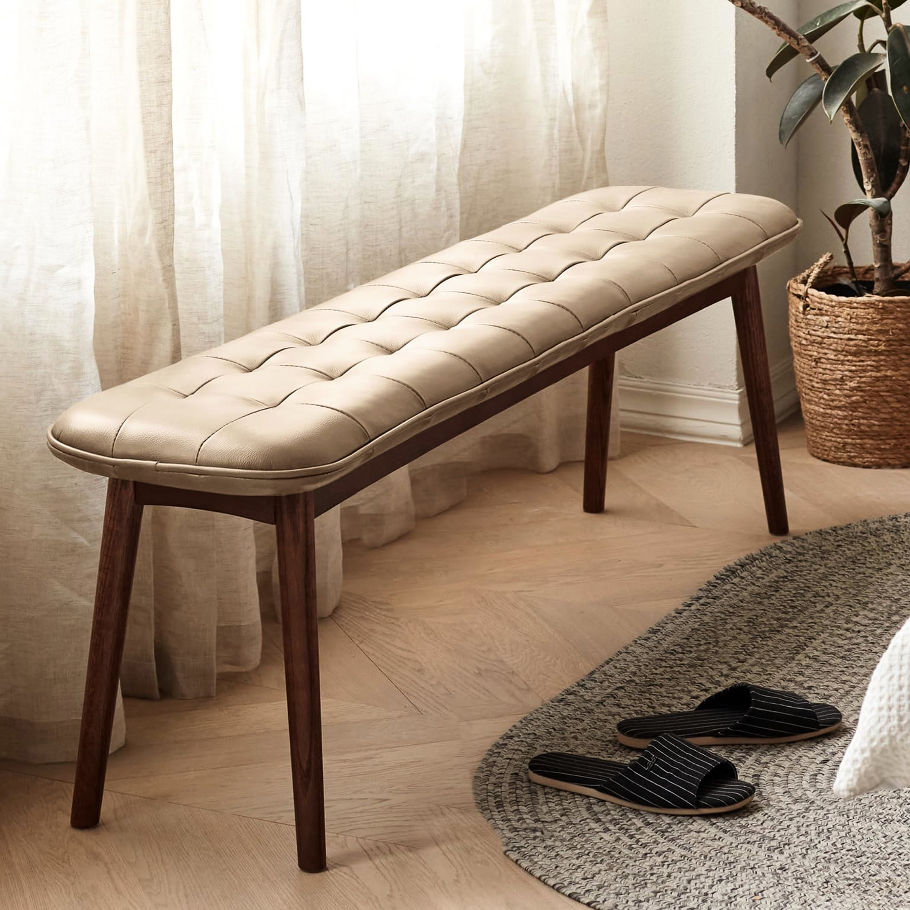 George Oliver Natural Oak Wood Bench With Khaki Leather Filler ...