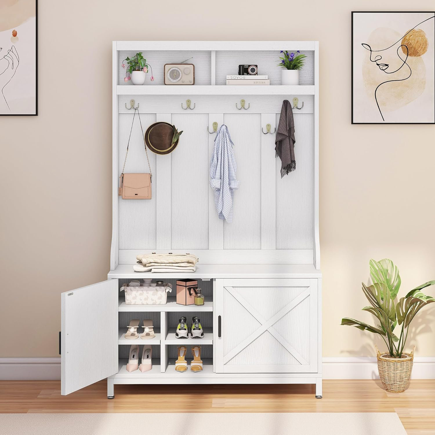 Gracie Oaks Hall Tree With Storage Bench Farmhouse Entryway Bench With ...