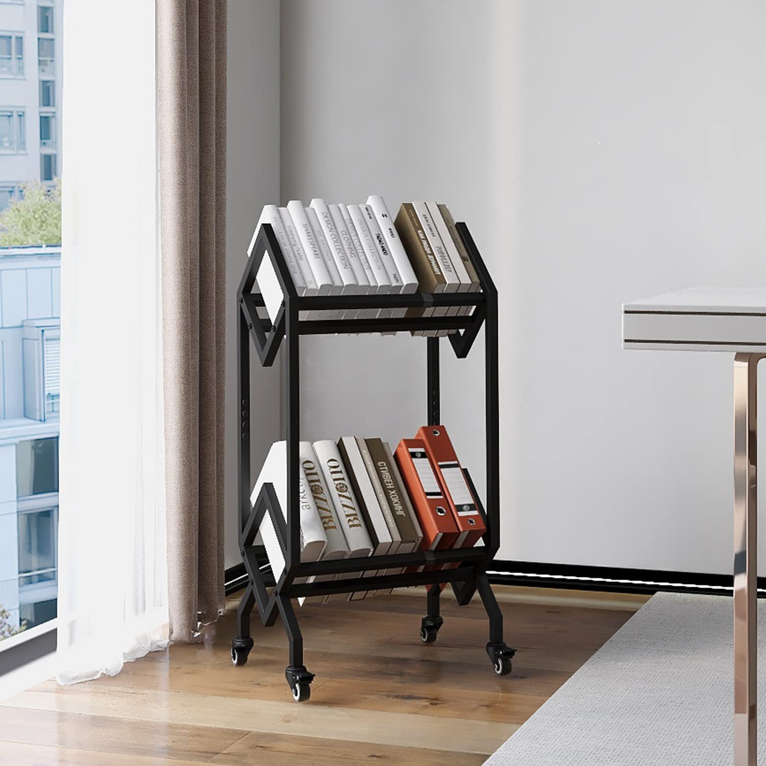 BBCPC Industrial 2-Tier Metal Bookcase with Wheels, Modern Storage ...