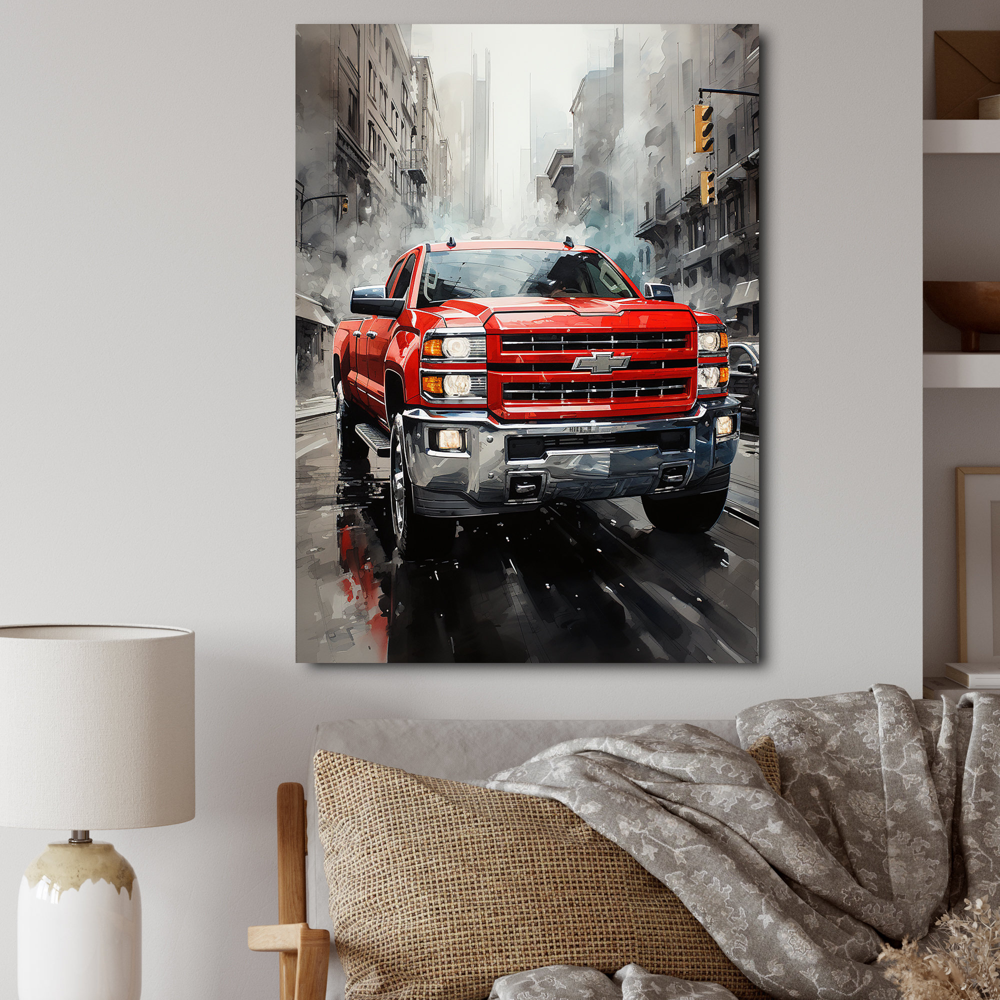 17 Stories Veenendaal Red Pickup Truck Cityscape Hauler I - Print | Wayfair