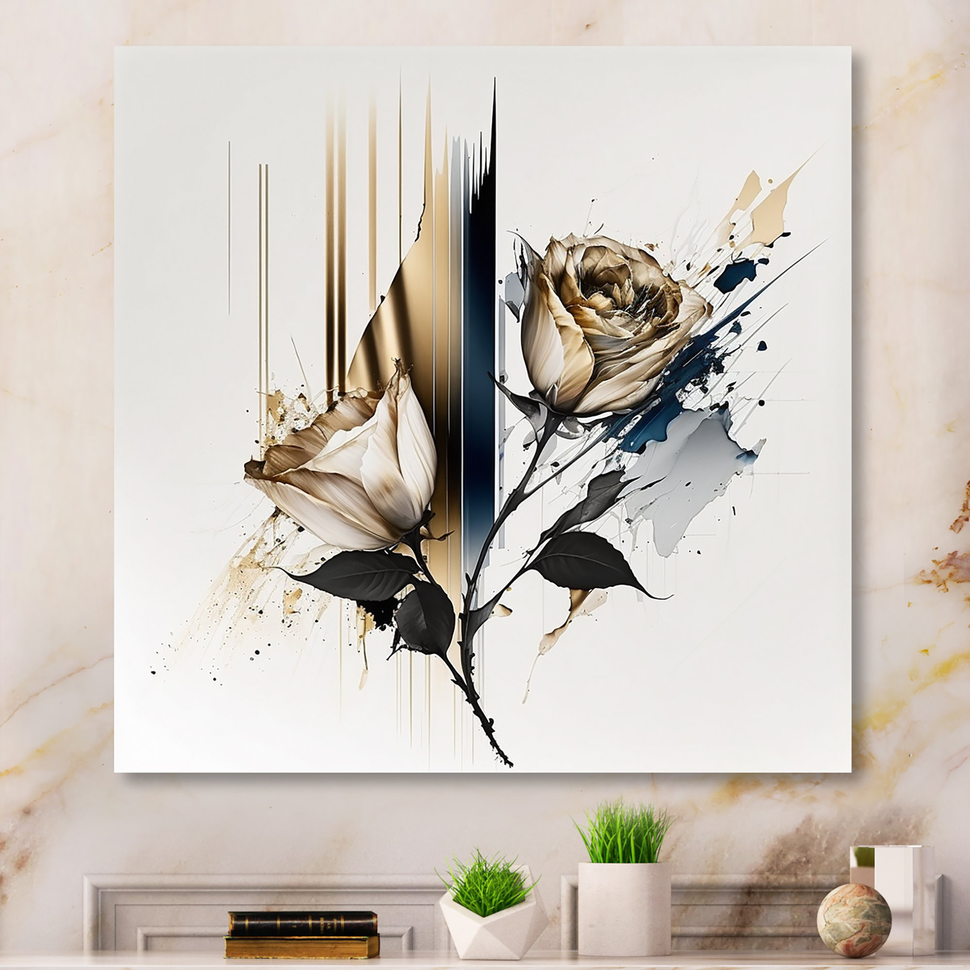Design Art Roses Flow Flower on Golden Beige III - Graphic Art on ...