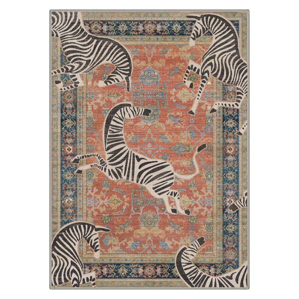 Bungalow Rose Zebra Animal Print Machine Washable Red / Blue / Beige ...