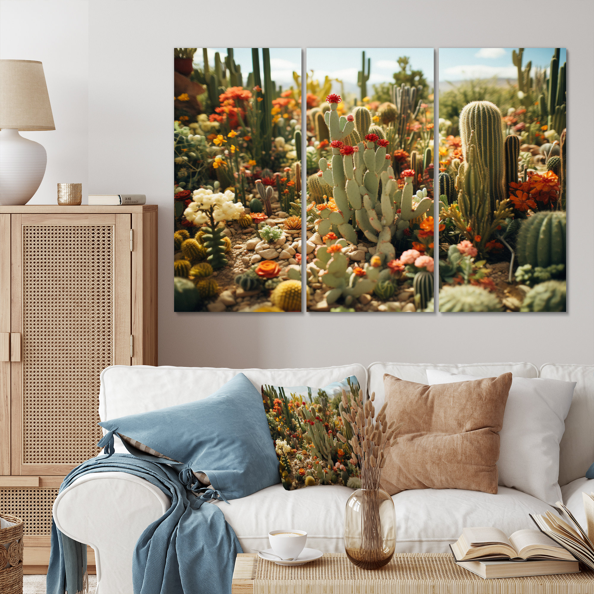 Design Art Coral Green Cactus Field I - Floral Metal Art Print Set ...