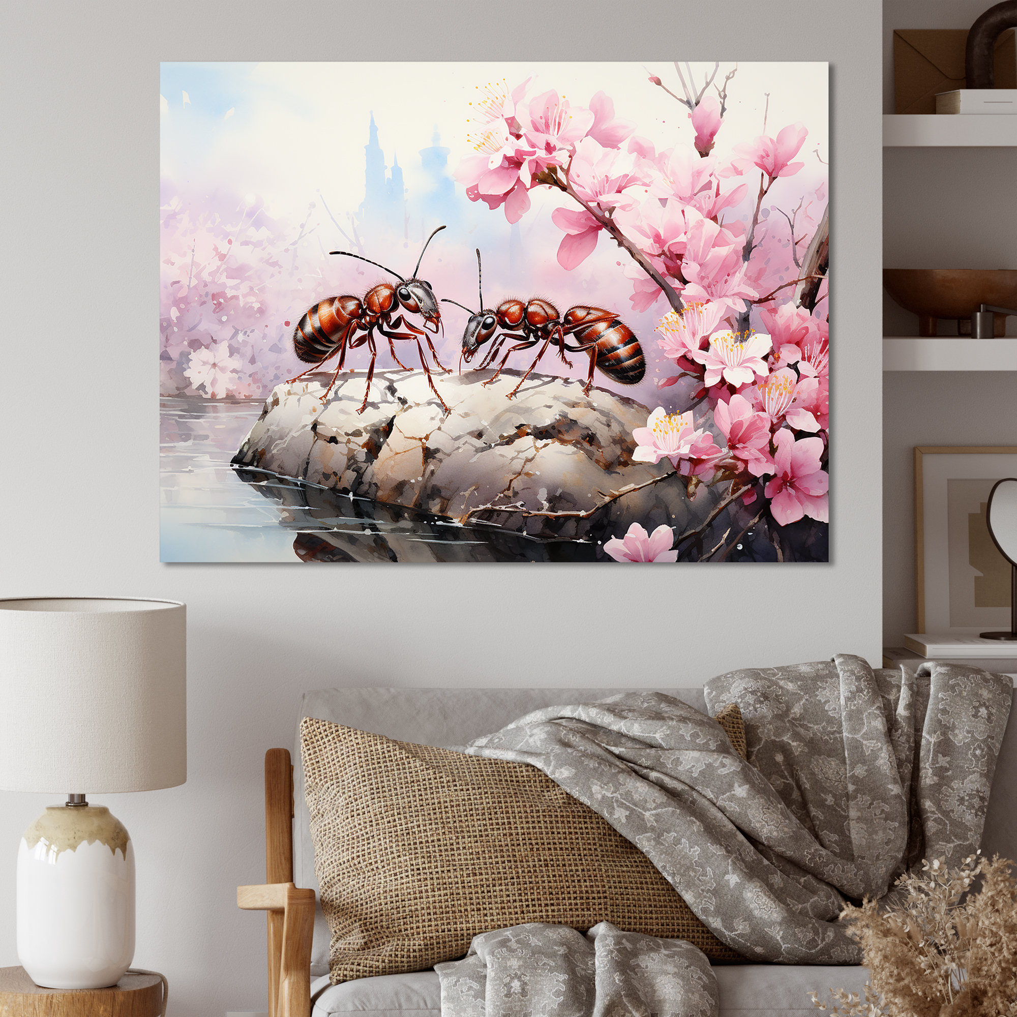 Design Art Pastel Gatherers Red Ants Pink Blossoms - Ant Wall Art ...