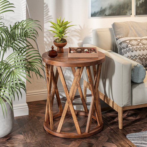 Gracie Oaks Viradis Farmhouse End Table, Rustic Round Side Table with X ...