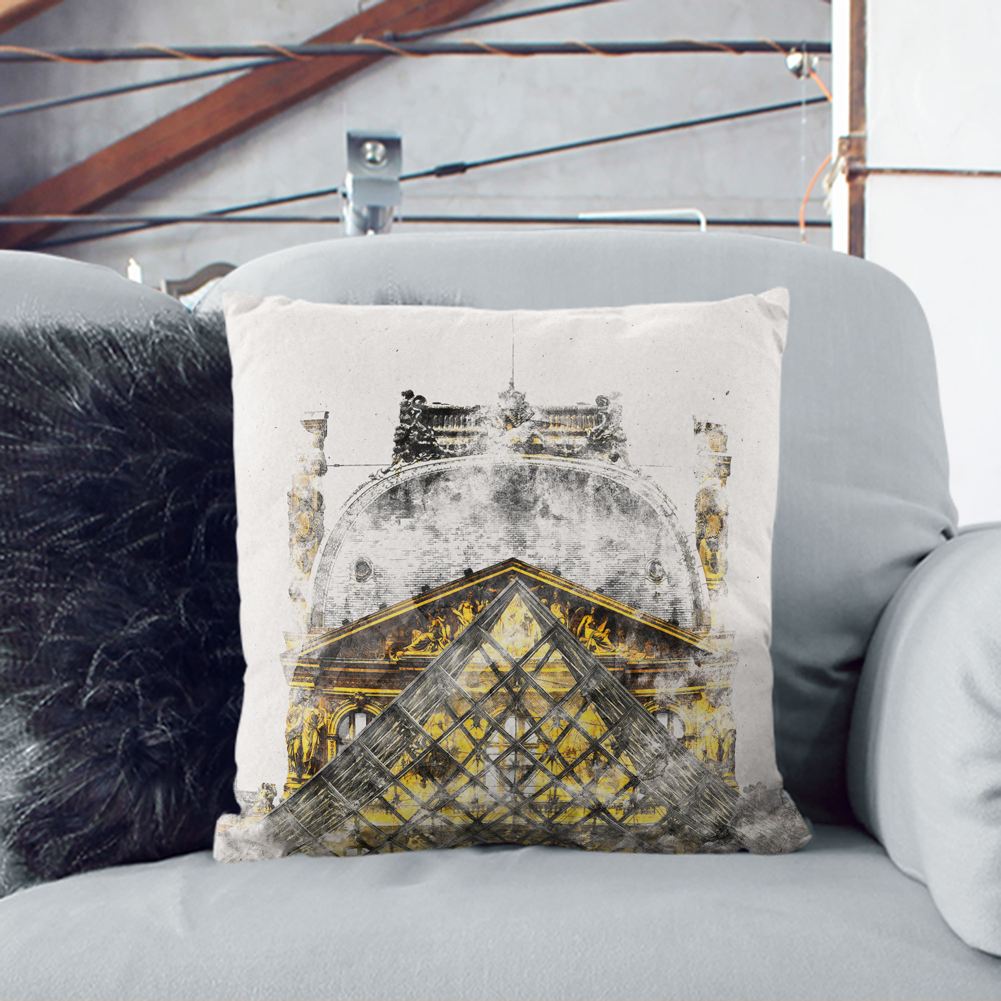 East Urban Home Louvre Museum in Paris France Watercolour Cushion with ...