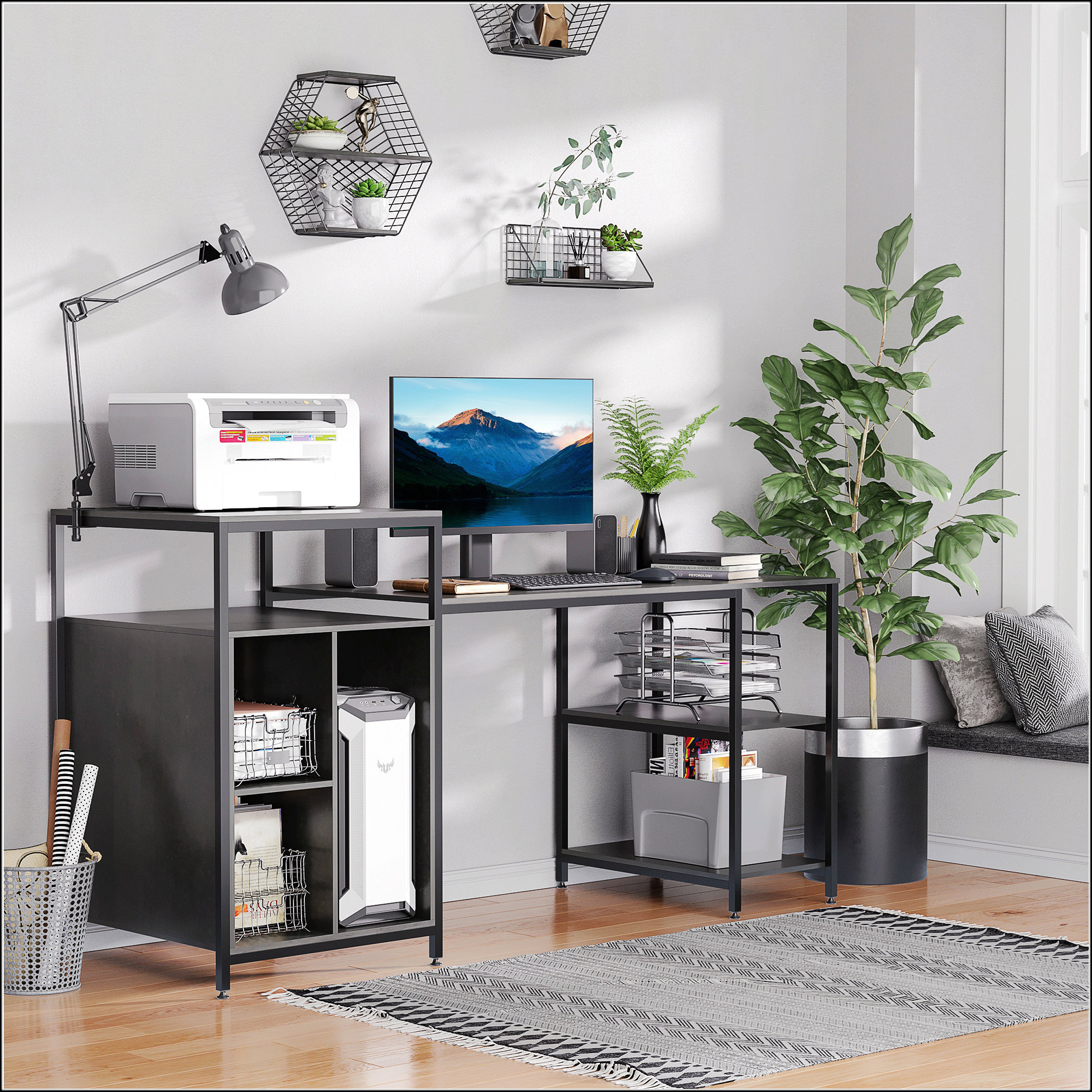 17 Stories 68 Inch Office Table Computer Desk Workstation Bookshelf ...