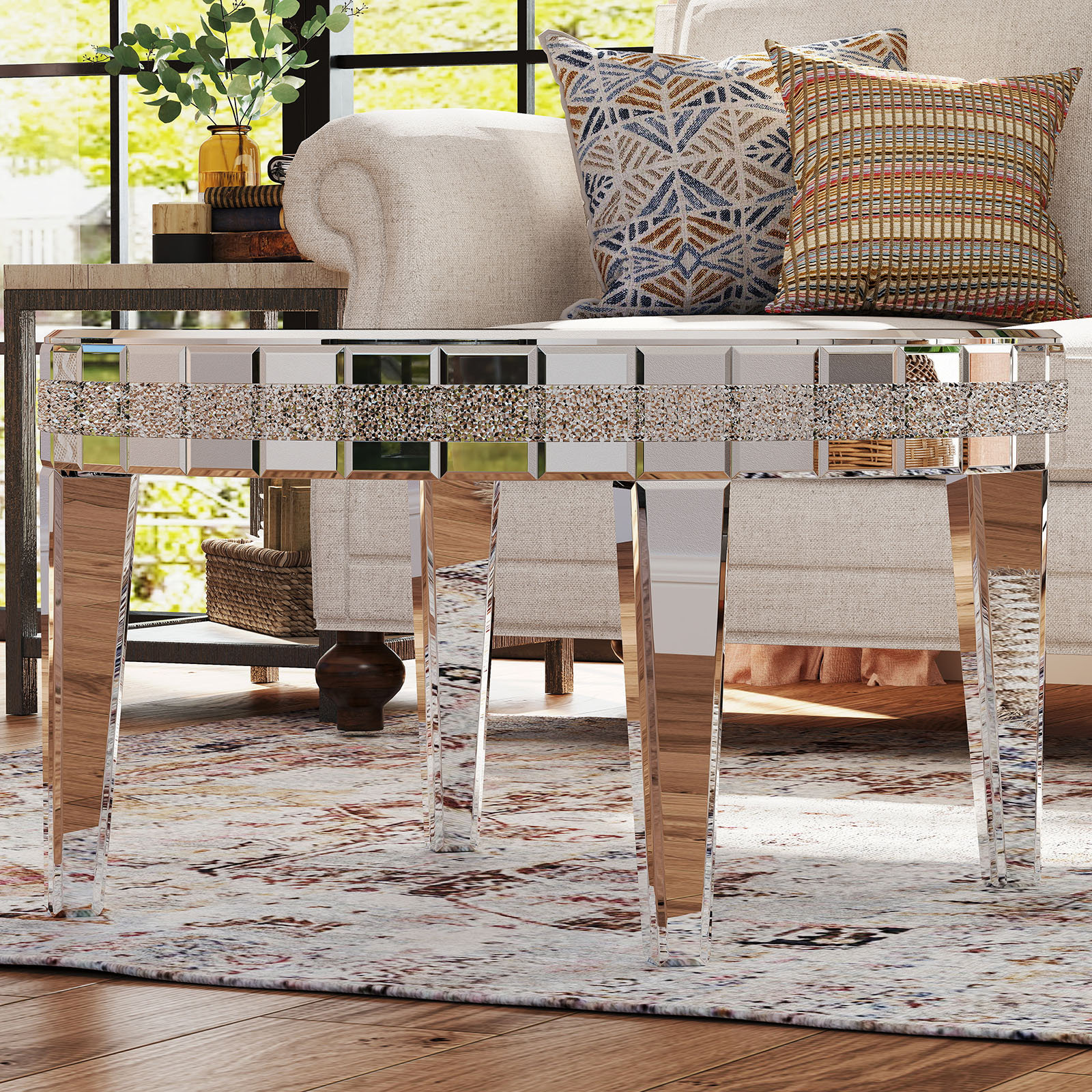 Mercer41 31.5 Inches Mirrored Coffee Tables With Legs & Crystal Inlay ...