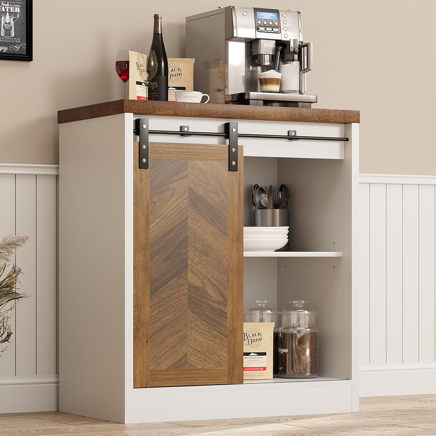 Gracie Oaks Coffee Station Cabinet, Coffee Bar Station with Sliding ...