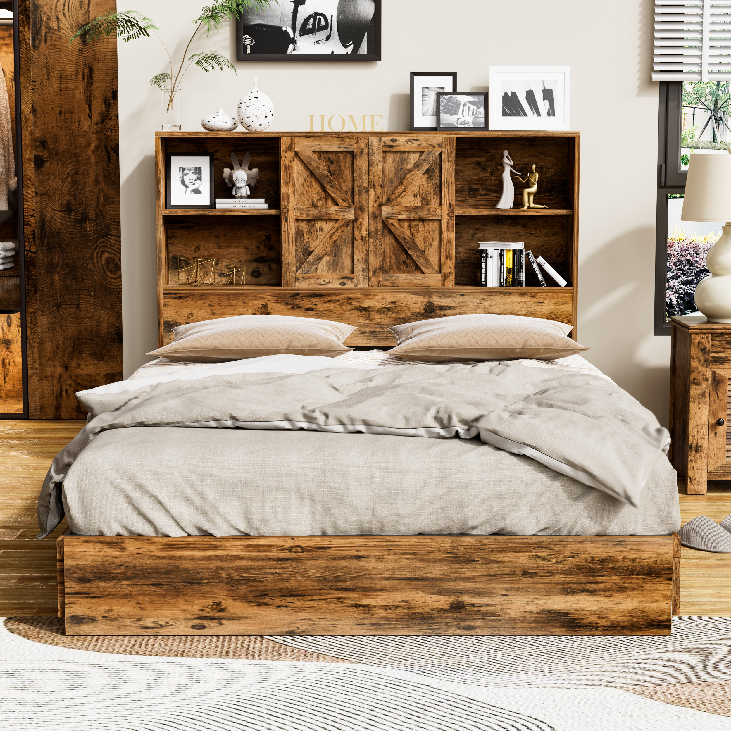 Millwood Pines Adanac Queen Size Wooden Platform Bed Frame with Sliding Barn Door Bookcase ...