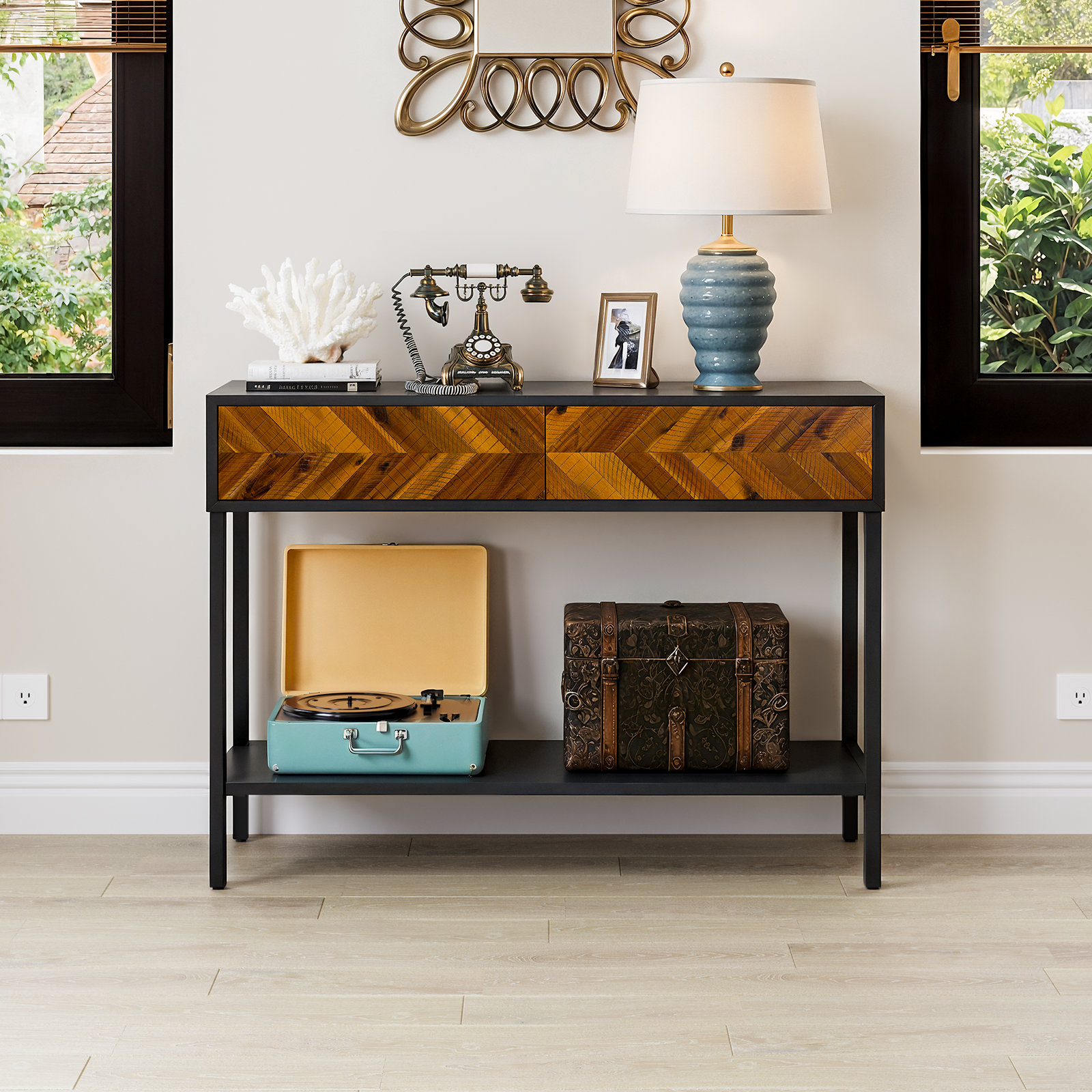 17 Stories Vivian Console Table 2 Drawers - Rustic Golden Brown ...
