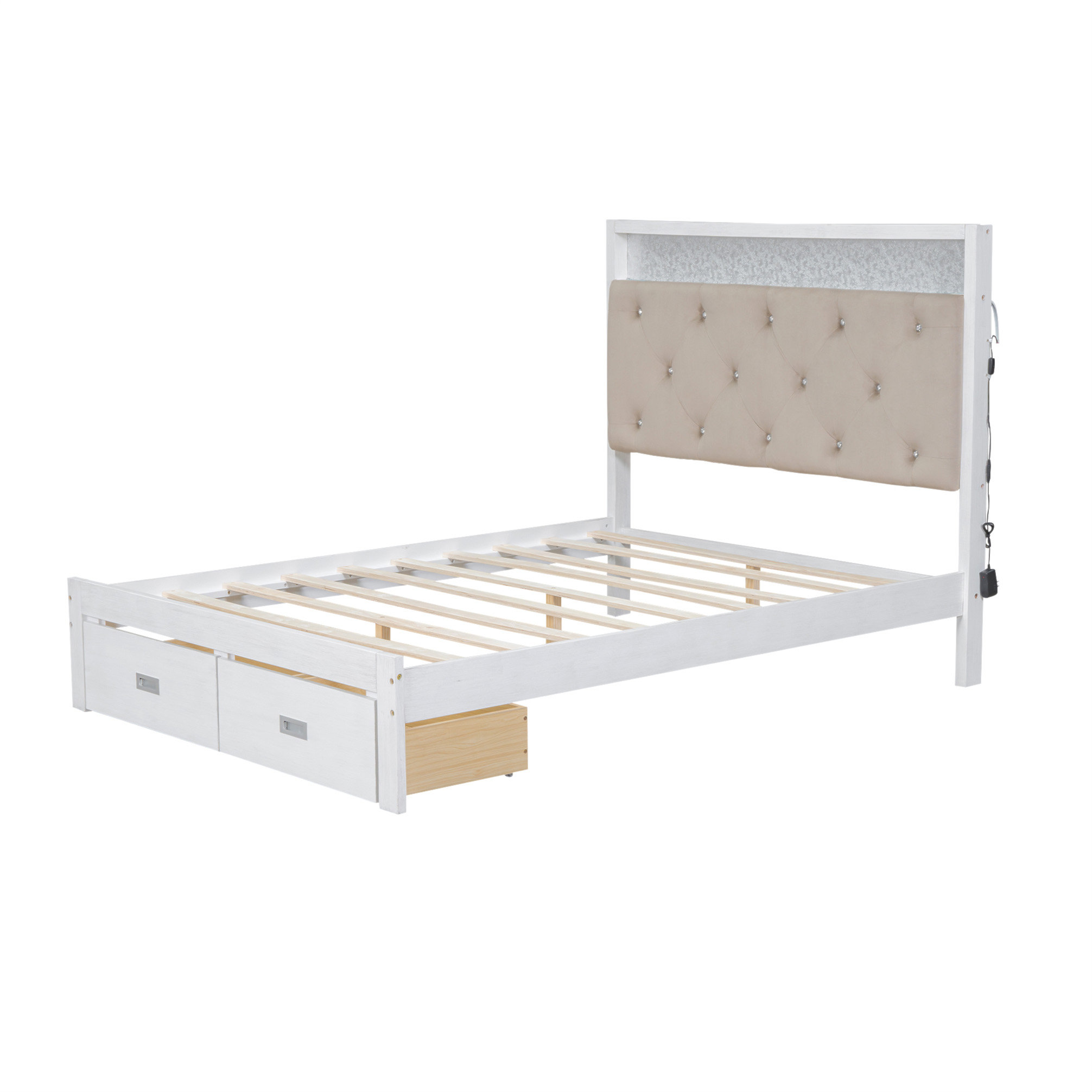 STYLISH Wood Full Platform Bed With Upholstered Headboard And LED And 2 ...