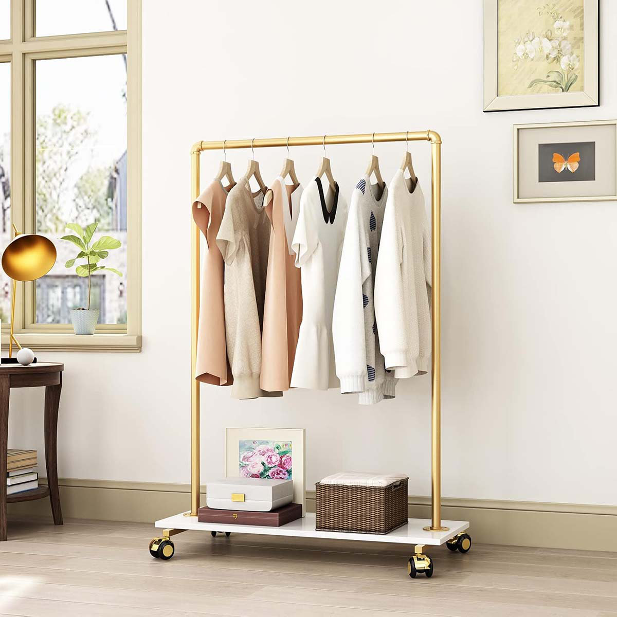 Trent Austin Design® Gold Metal Clothing Rack With Wood Shelf, Heavy ...