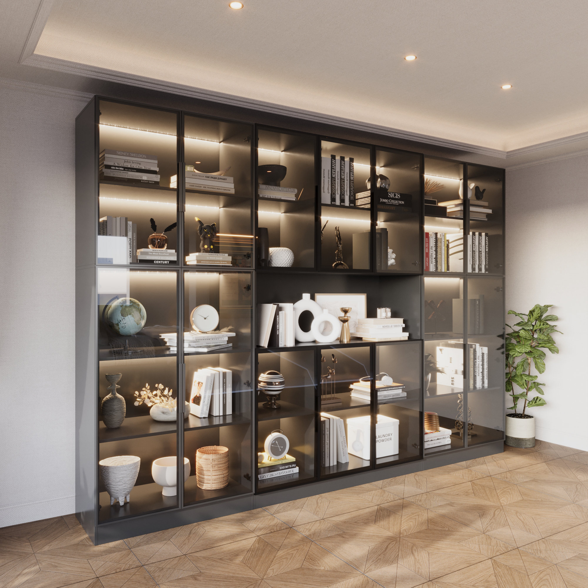 Hokku Designs 110 '' W Black Combination Bookcase With Glass Doors And ...