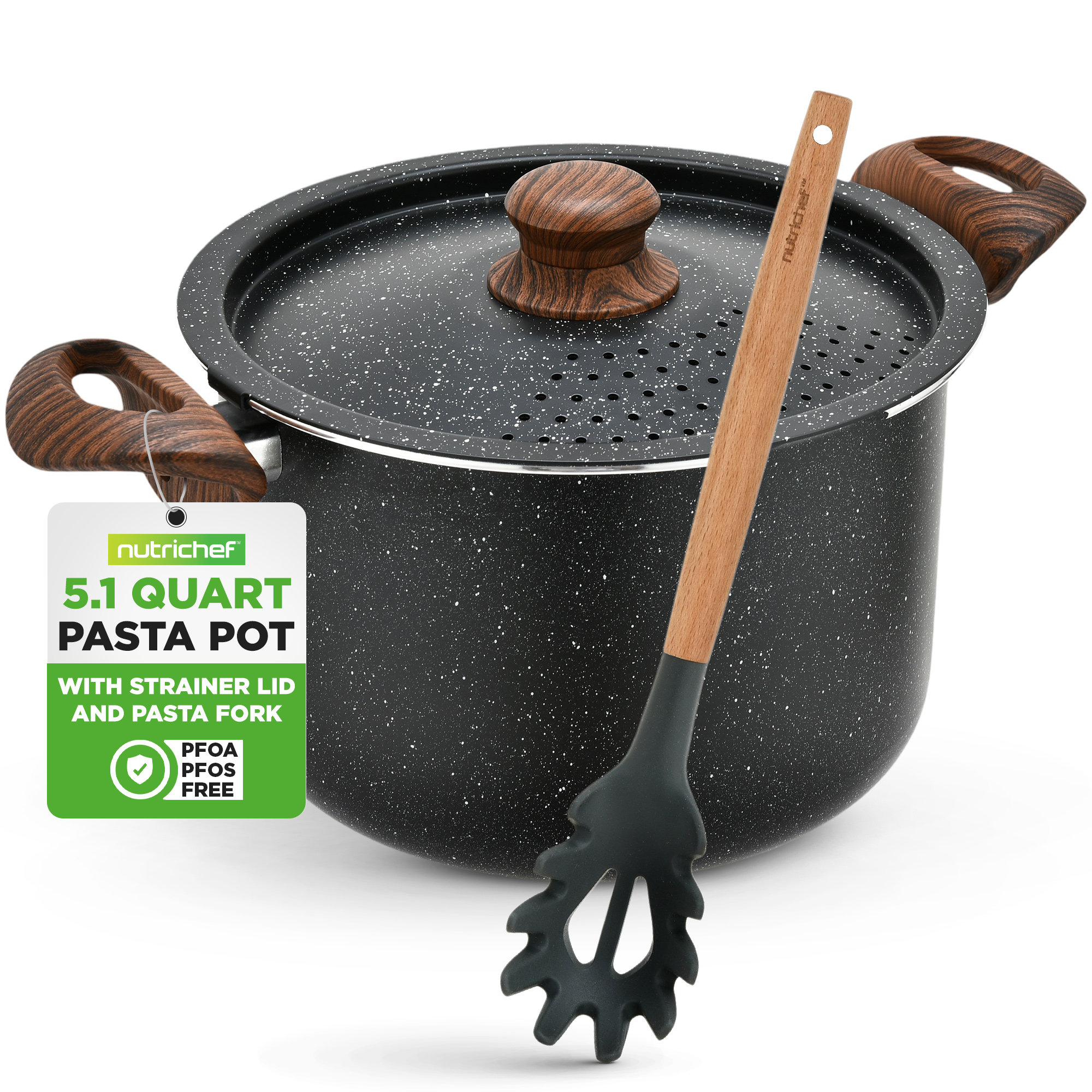 Nutrichef 5Qt Pasta Pot With Strainer Lid & Pasta Fork | Non-Stick ...