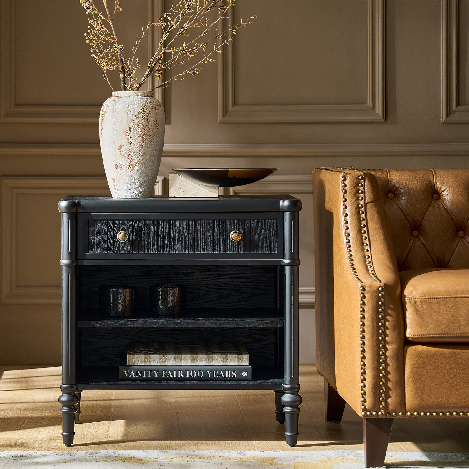 Canora Grey Table de chevet cannelée 1 tiroir avec station de charge ...