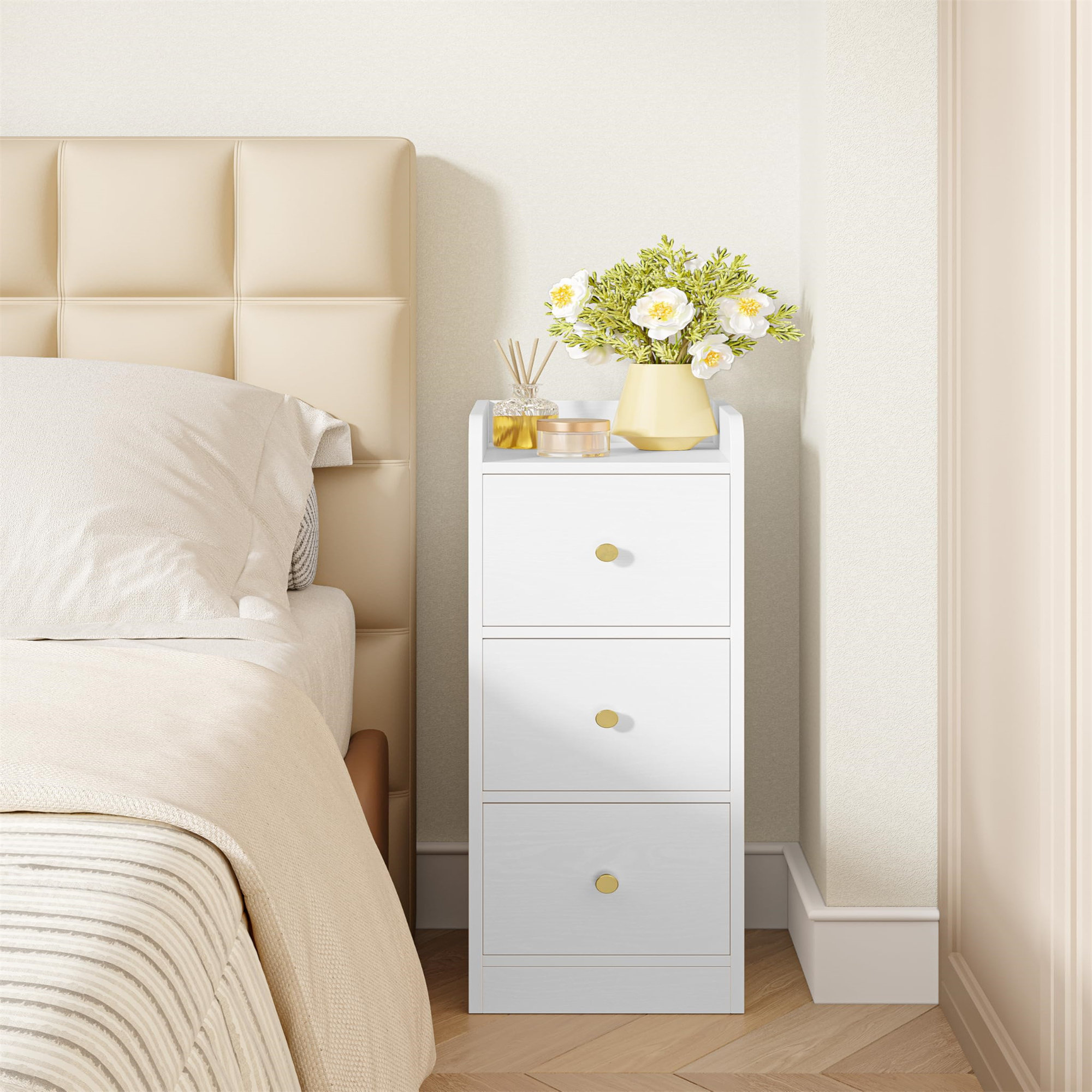 Brayden Studio Narrow Side End Tables with 3 Drawers, Bedside Cabinet with Top Guard, Small ...