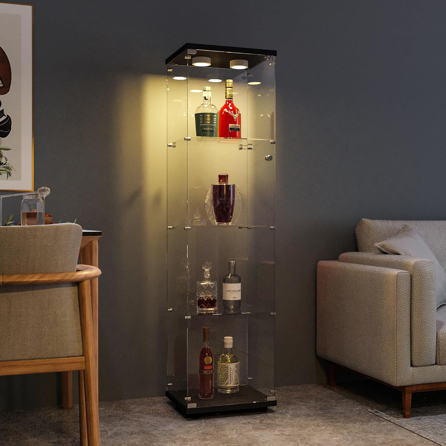 Wrought Studio Display Cabinet with Glass Door and LED Light, 4-Tier ...